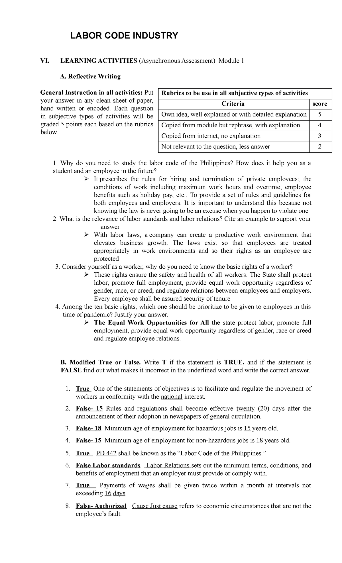 Labor CODE Industry - Lecture - LABOR CODE INDUSTRY VI. LEARNING ...