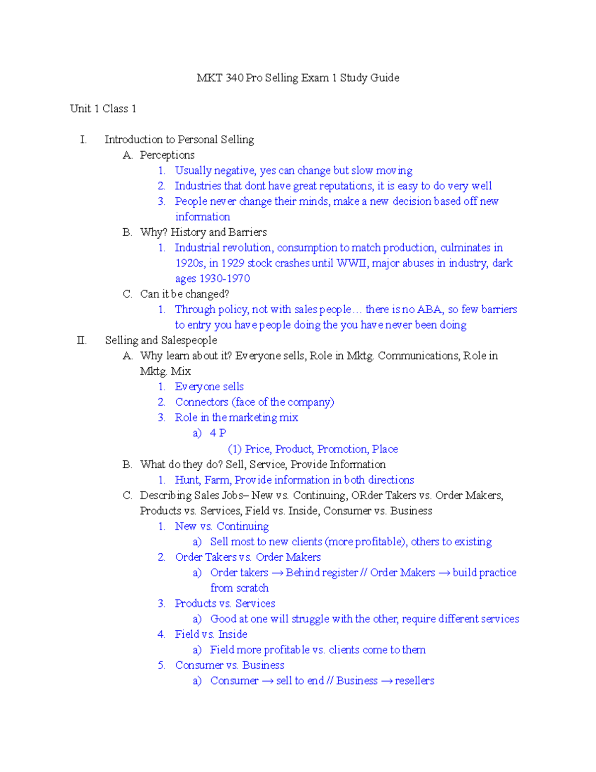 MKT 340 Pro Selling Study Guide - MKT 340 Pro Selling Exam 1 Study Guide Unit 1 Class 1 I. - Studocu