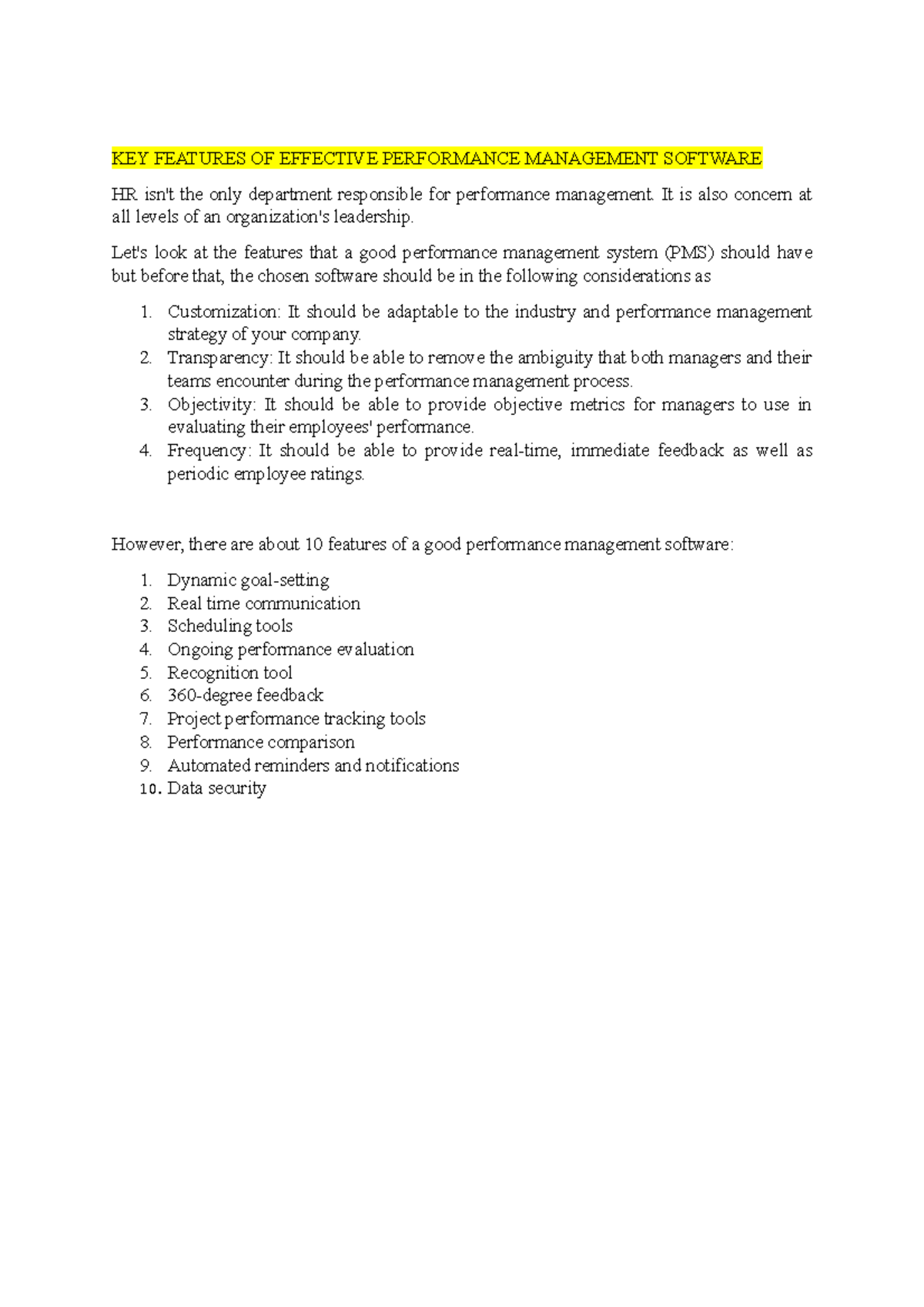 HRM SCRIPT FOR PM - KEY FEATURES OF EFFECTIVE PERFORMANCE MANAGEMENT ...