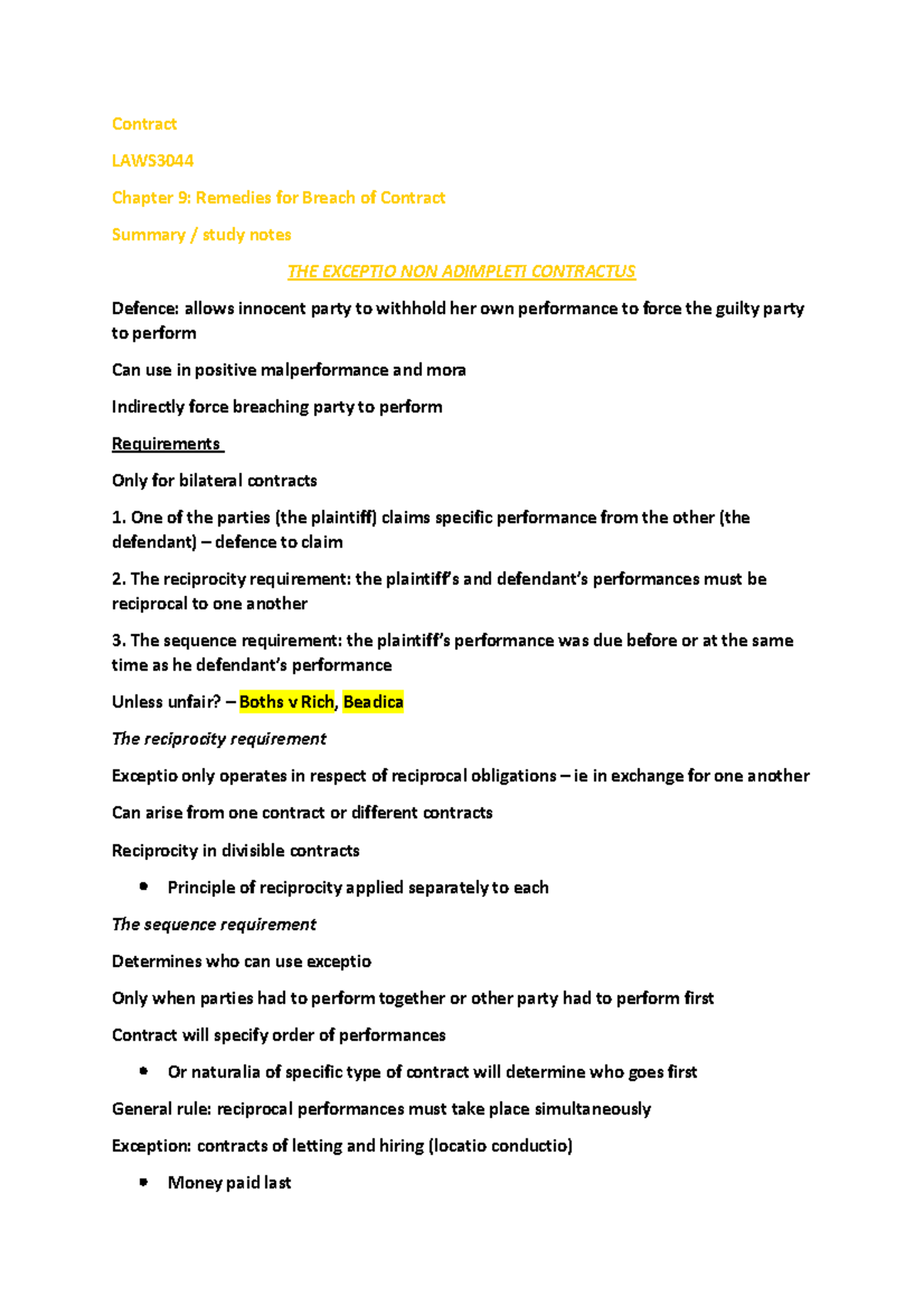 Chapter 9 Study Notes - Contract - Contract LAWS Chapter 9: Remedies ...