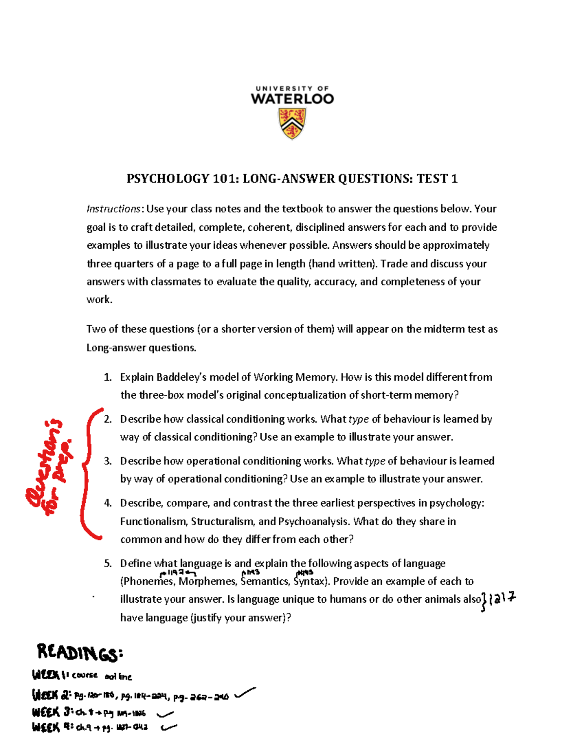 Long-answer Questions Test 1 - PSYCHOLOGY 101: LONG-ANSWER QUESTIONS ...