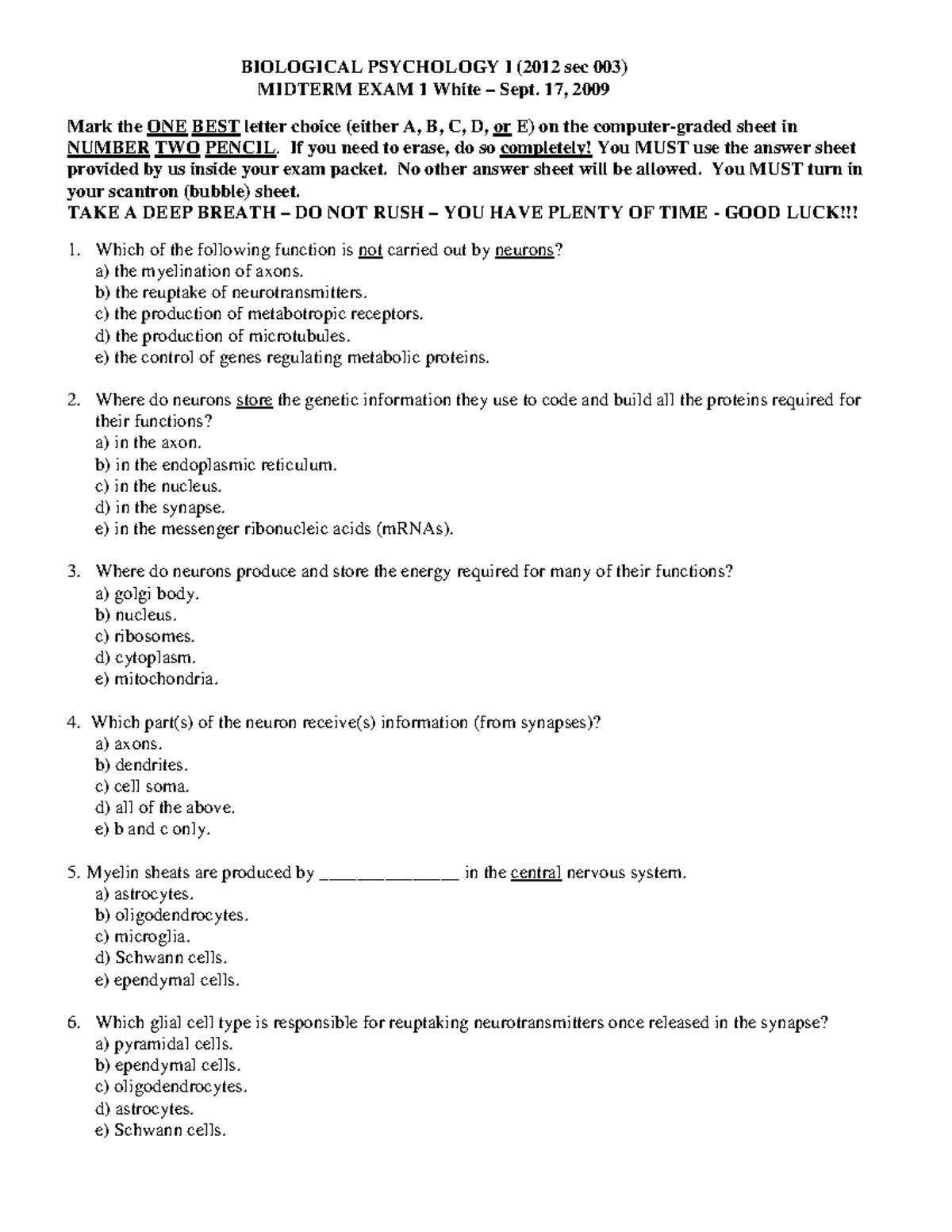 Exam1white answers 2009 - BIOLOGICAL PSYCHOLOGY I (2012 sec 003 ...