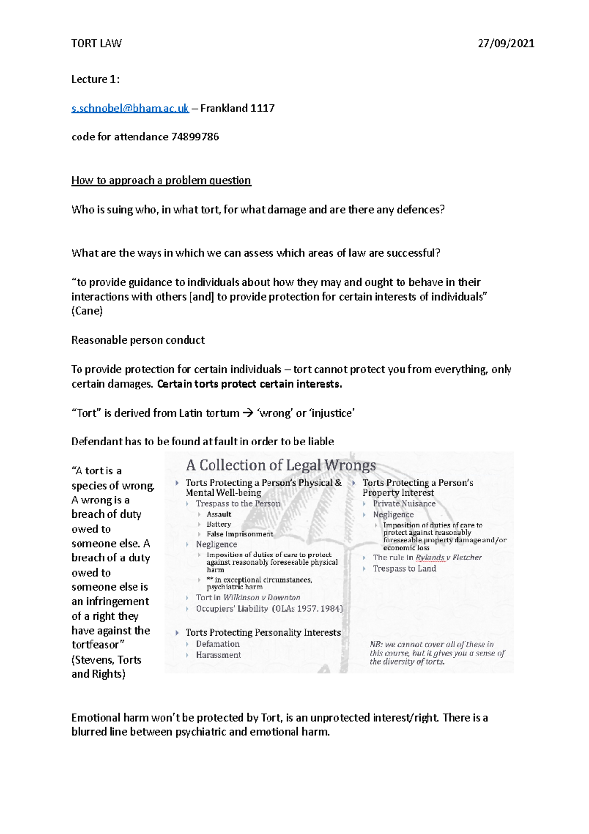 Lecture 1 - introduction to tort law and reasonable person conduct - 08 ...