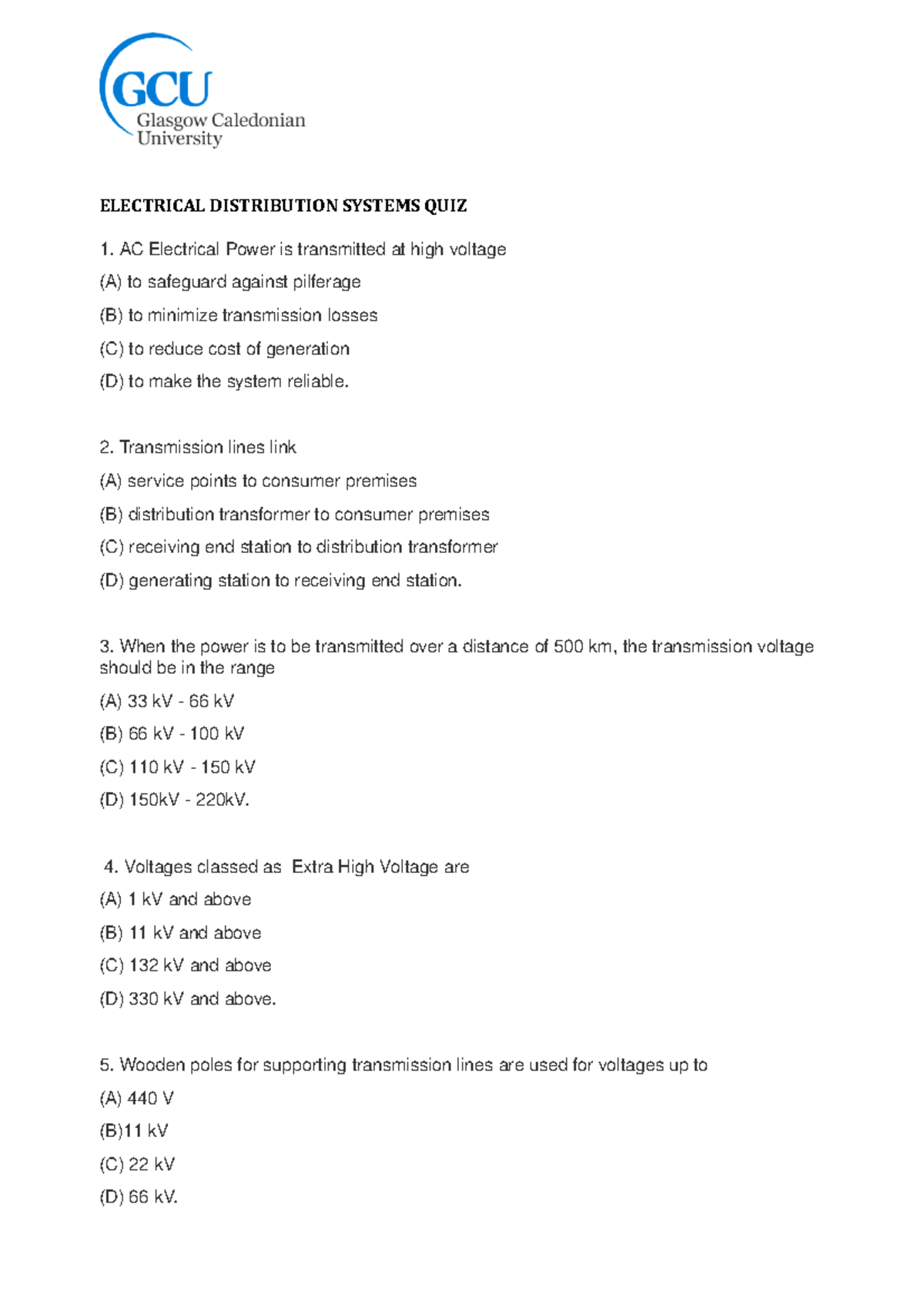 Electrical Distribution Systems - Quiz - ELECTRICAL DISTRIBUTION ...