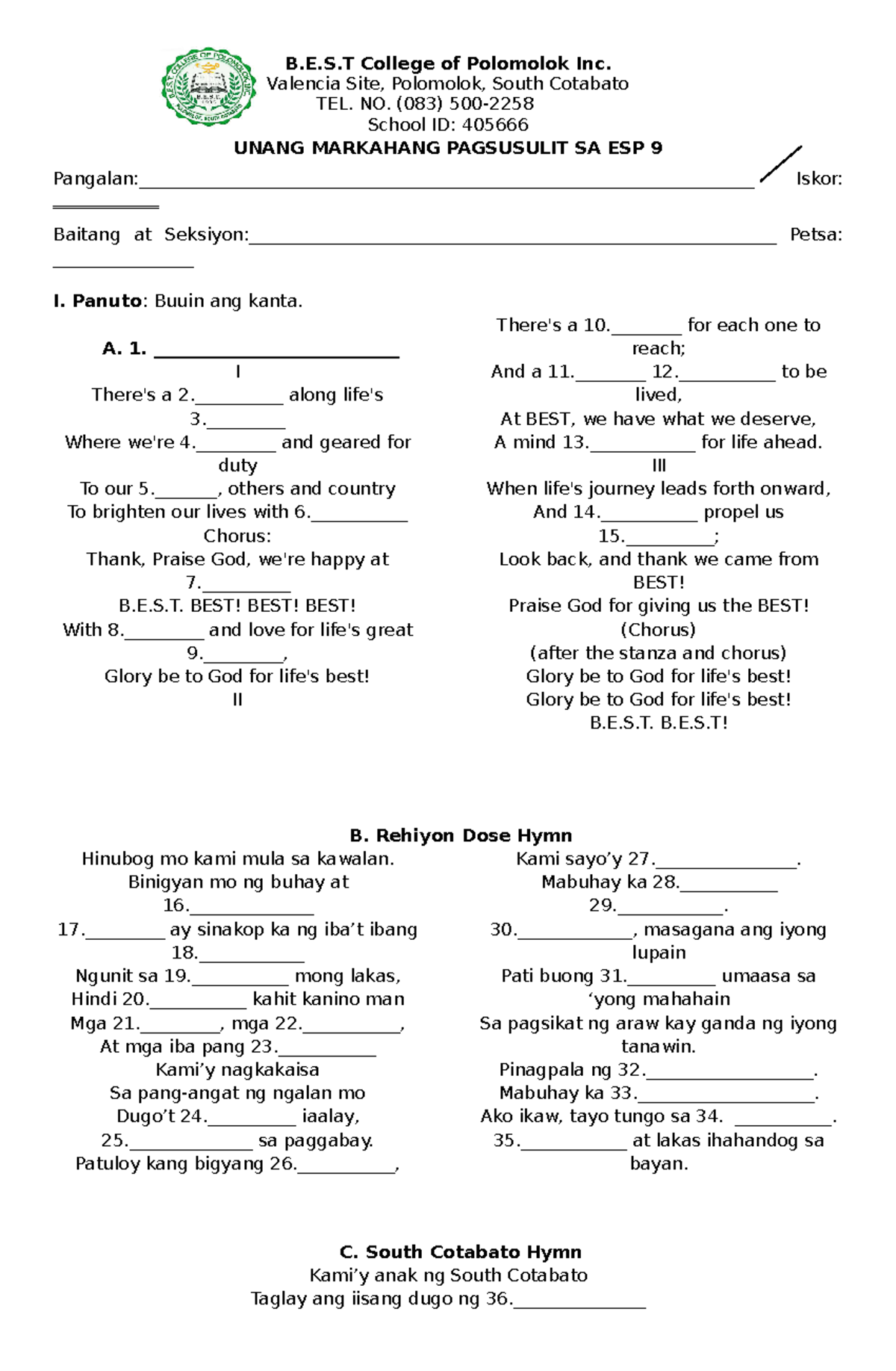 ESP - Sample of test paper. - B.E.S College of Polomolok Inc. Valencia ...