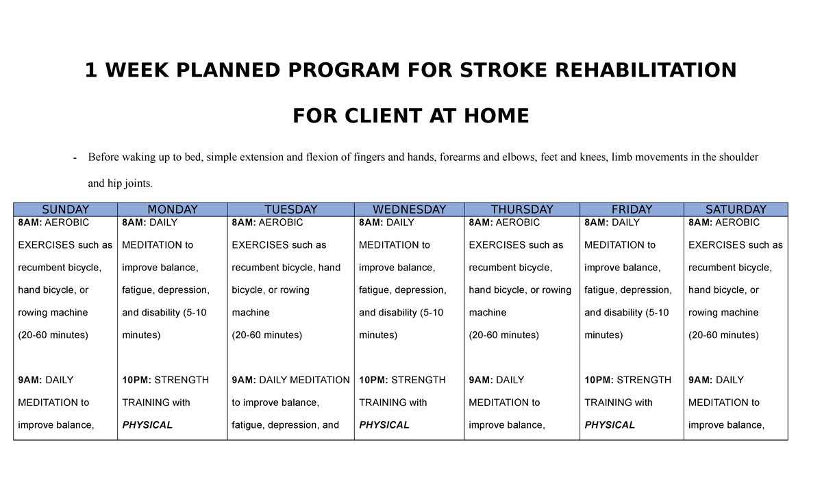 Geron Stroke PT Weekly PLAN - 1 WEEK PLANNED PROGRAM FOR STROKE ...