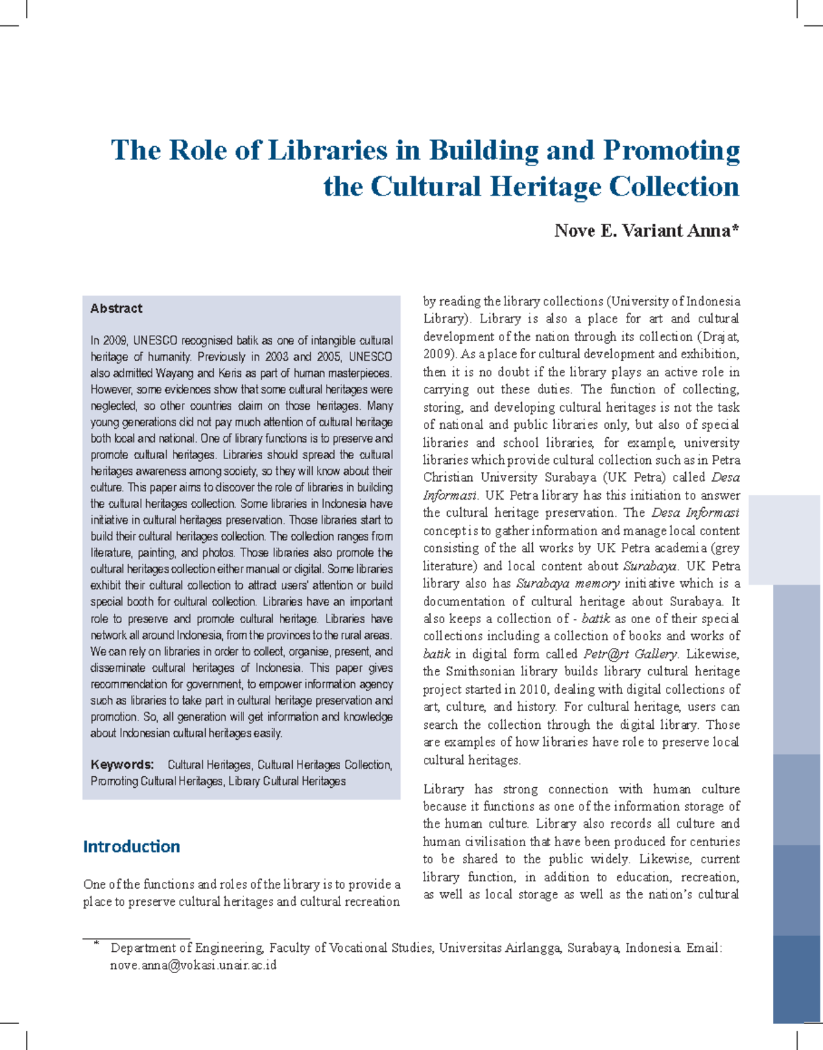 The Role of Libraries in Building and Pr - Abstract In 2009, UNESCO ...
