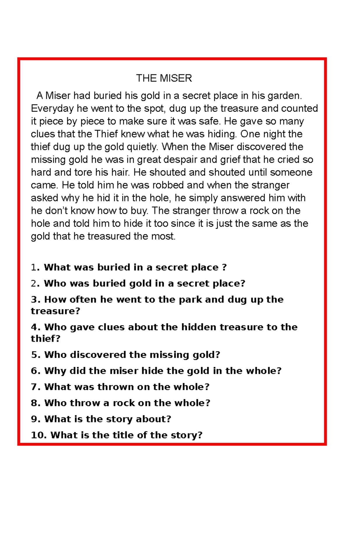 New Microsoft Word Document - THE MISER A Miser had buried his gold in ...