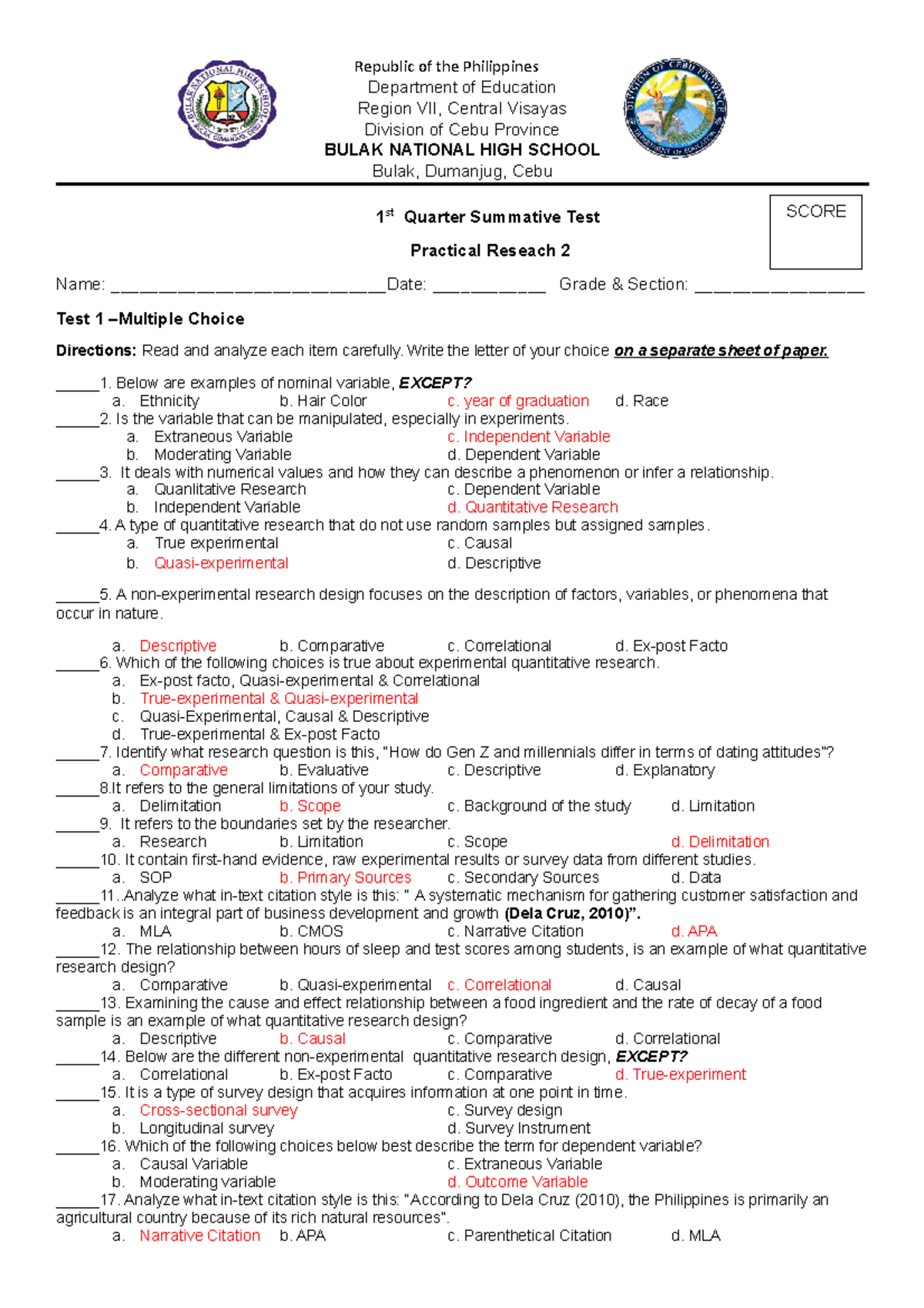 Q1 PR2 SUmmative exam - Republic of the Philippines Department of Education Region VII, Central ...
