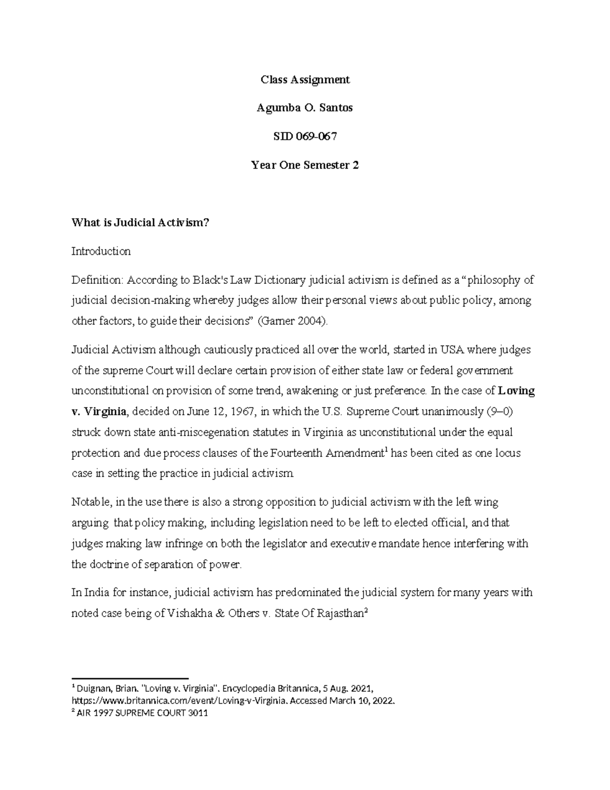 Judicial Activism - Class Assignment Agumba O. Santos SID 069- Year One ...