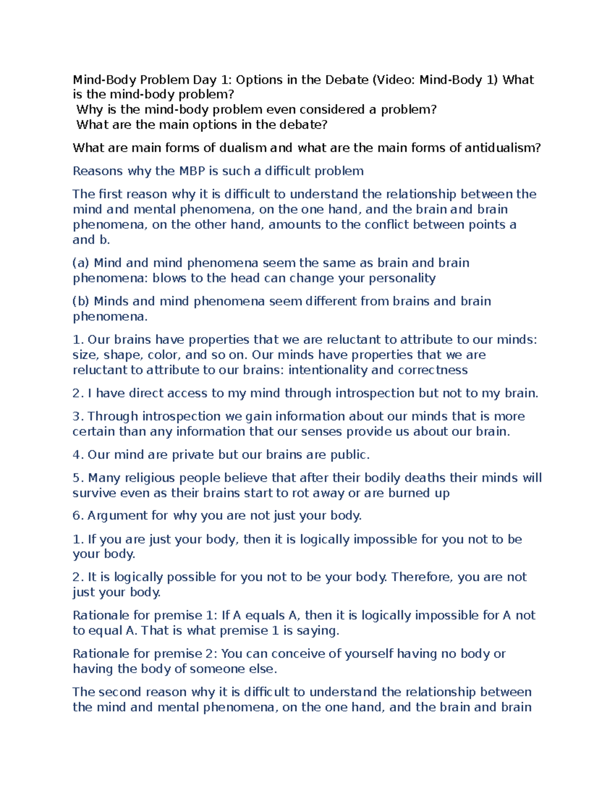 Discussion questions - Mind-Body (1-3) - Problem Day 1: Options in the ...