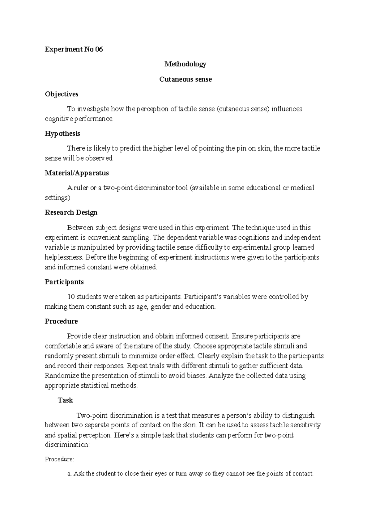 Experiment-06 cutaneous senses - Experiment No 06 Methodology Cutaneous sense Objectives To ...