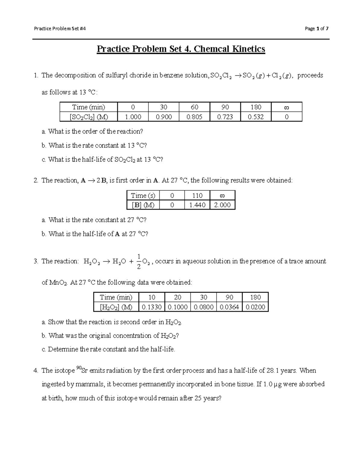Chem 211 - Practice problems - Practice Problem Set 4. Chemcal Kinetics ...