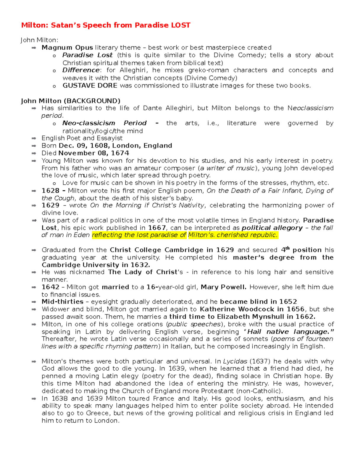 John-Milton - notes - Milton: Satan’s Speech from Paradise LOST John ...