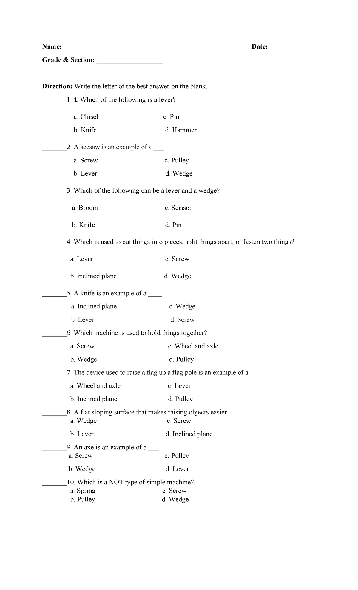 Simple machines quiz and assignment - Name