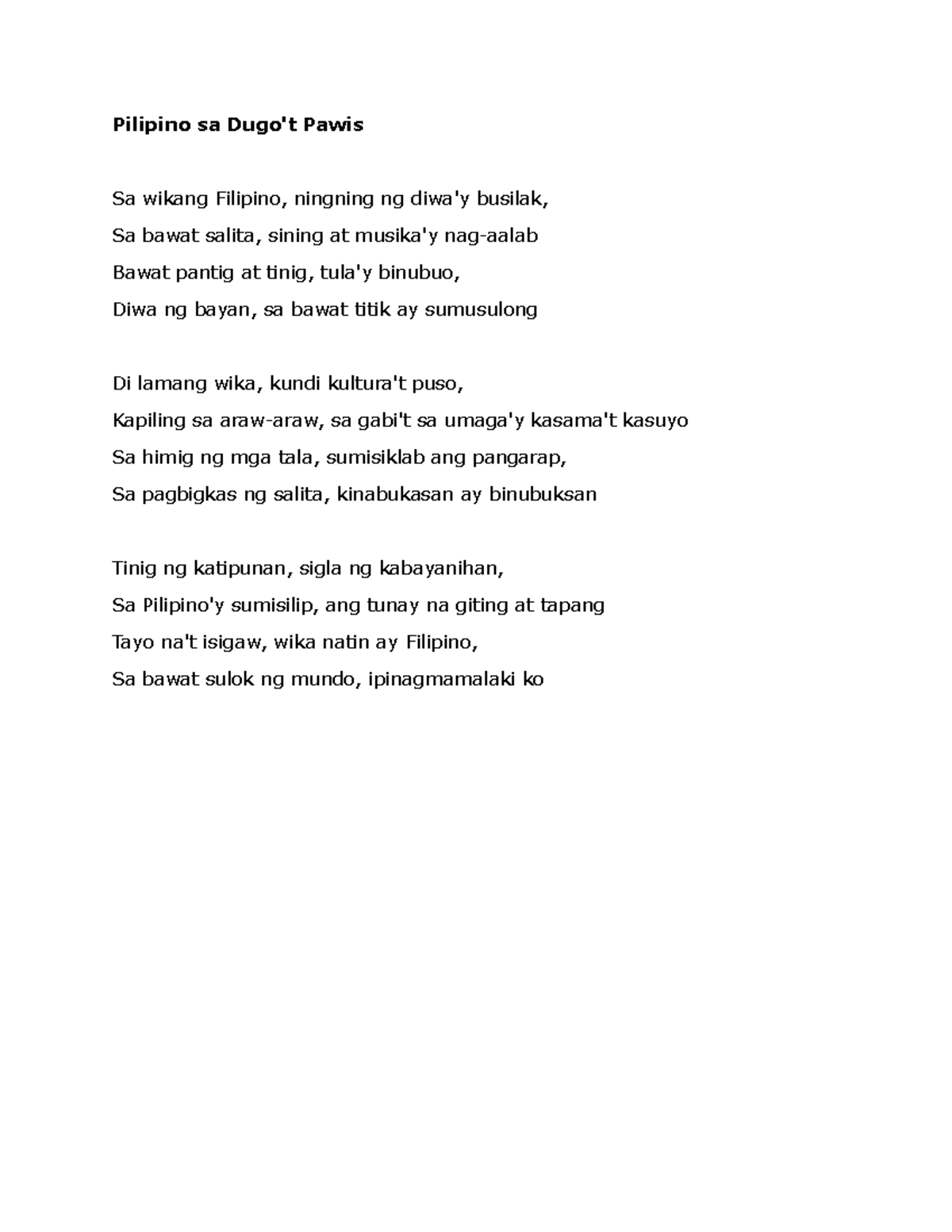 Pilipino sa Dugo't Pawis - Studocu