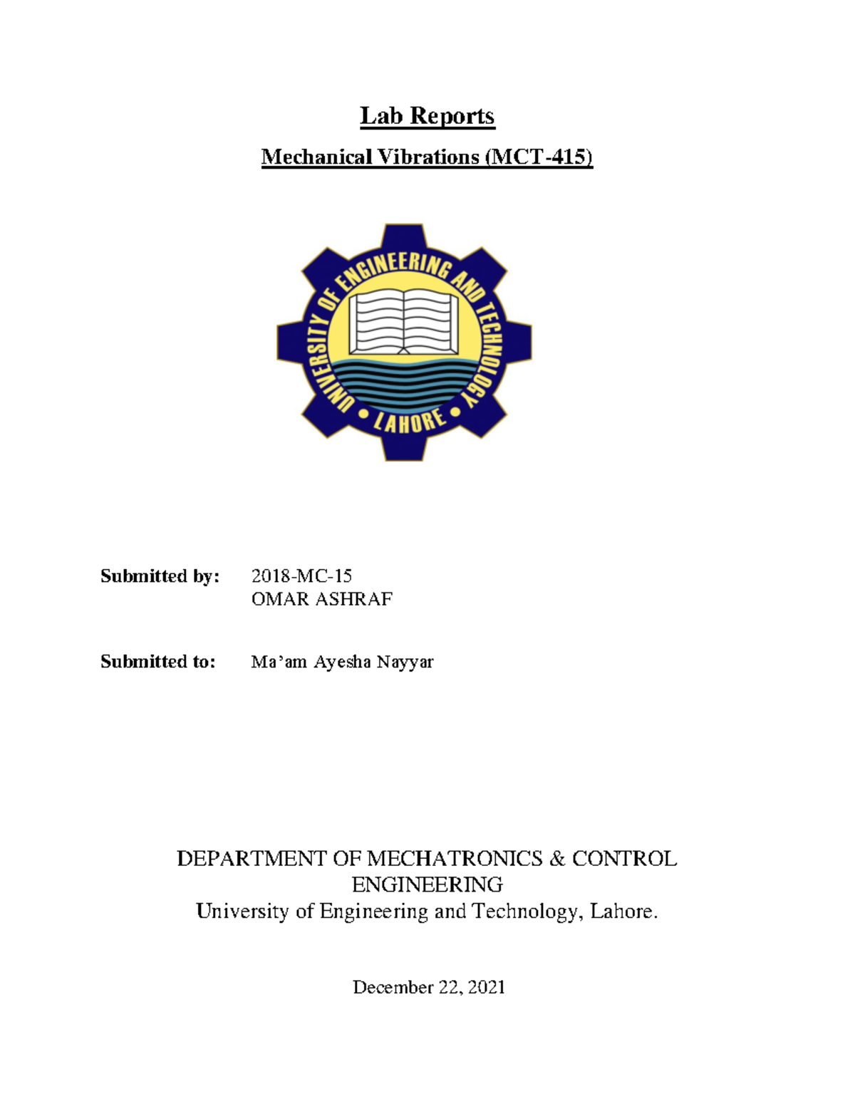 Mechanical Vibrations Lab Report - Lab Reports Mechanical Vibrations ...