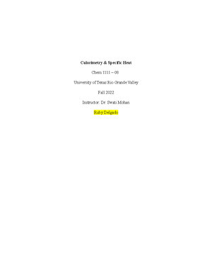 Lab Report 1 - Experiment 1- Basic Laboratory Operations General Chemistry I Lab -1111- The ...
