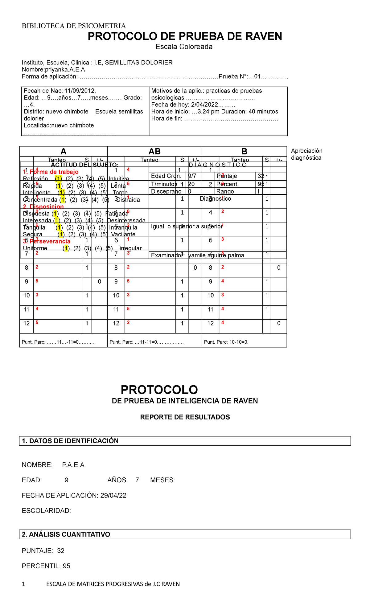 Practica de Prueba Raiben - BIBLIOTECA DE PSICOMETRIA PROTOCOLO DE PRUEBA DE RAVEN Escala ...