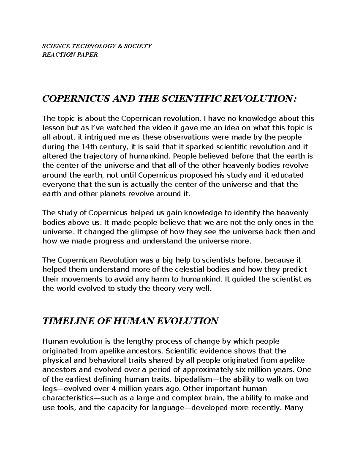 STS Reaction Paper - SCIENCE TECHNOLOGY & SOCIETY REACTION PAPER ...