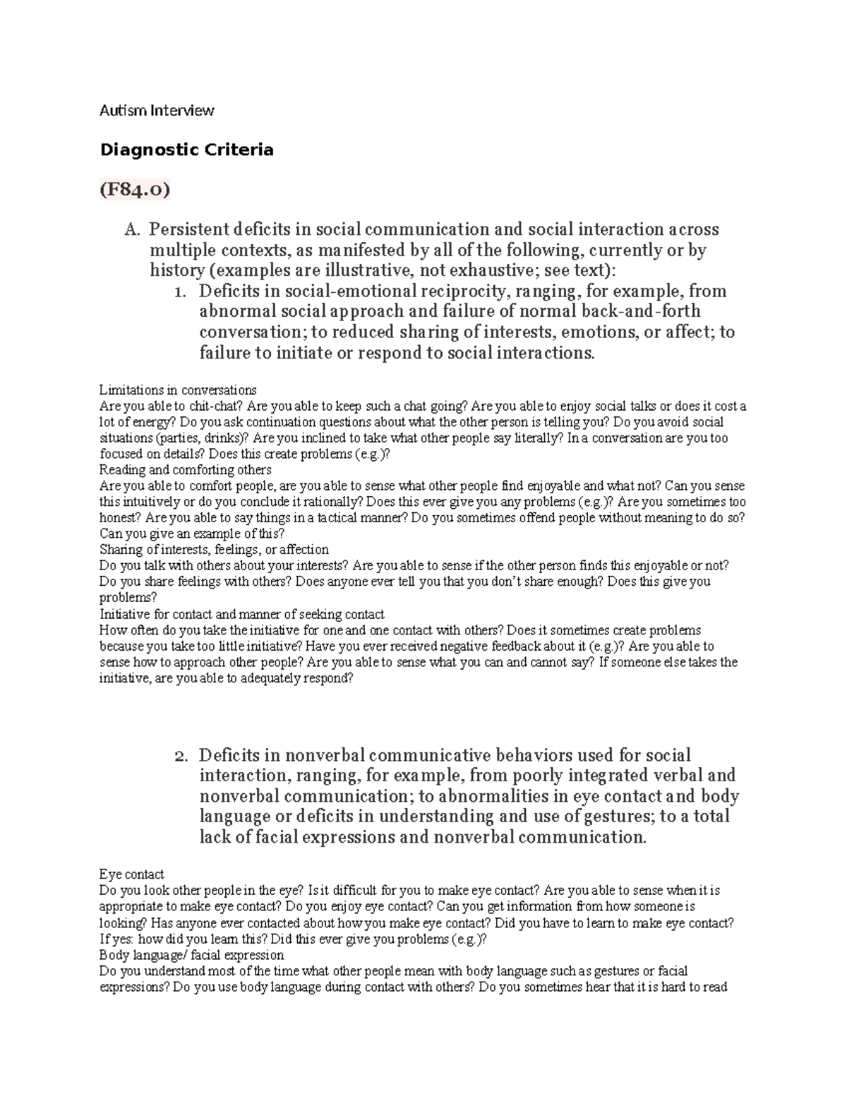 Autism Interview - Autism Interview Diagnostic Criteria (F84) A ...