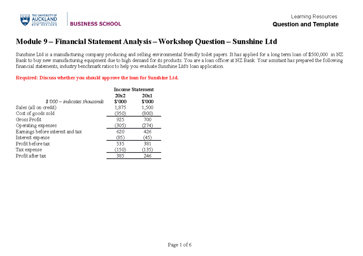 Module 9 Workshop Question and Template - Sunshine Ltd - Business ...