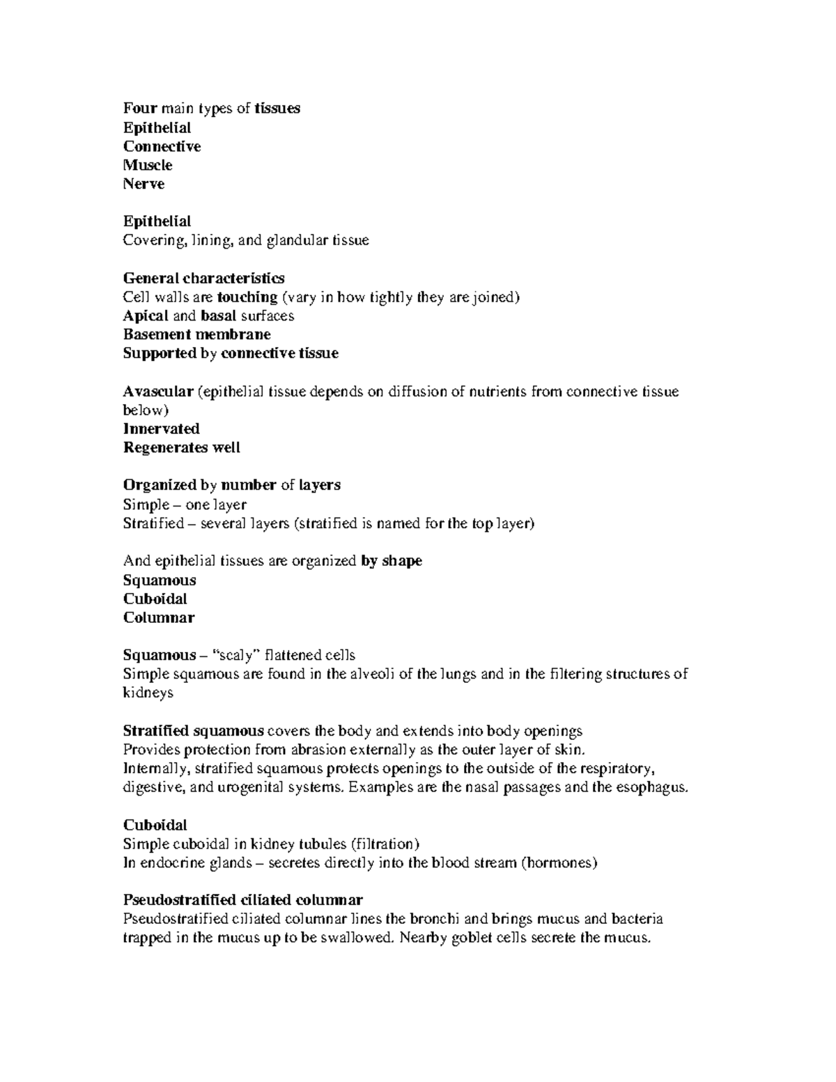Chapter 04-Tissues-Study Guide 01 - Four main types of tissues ...