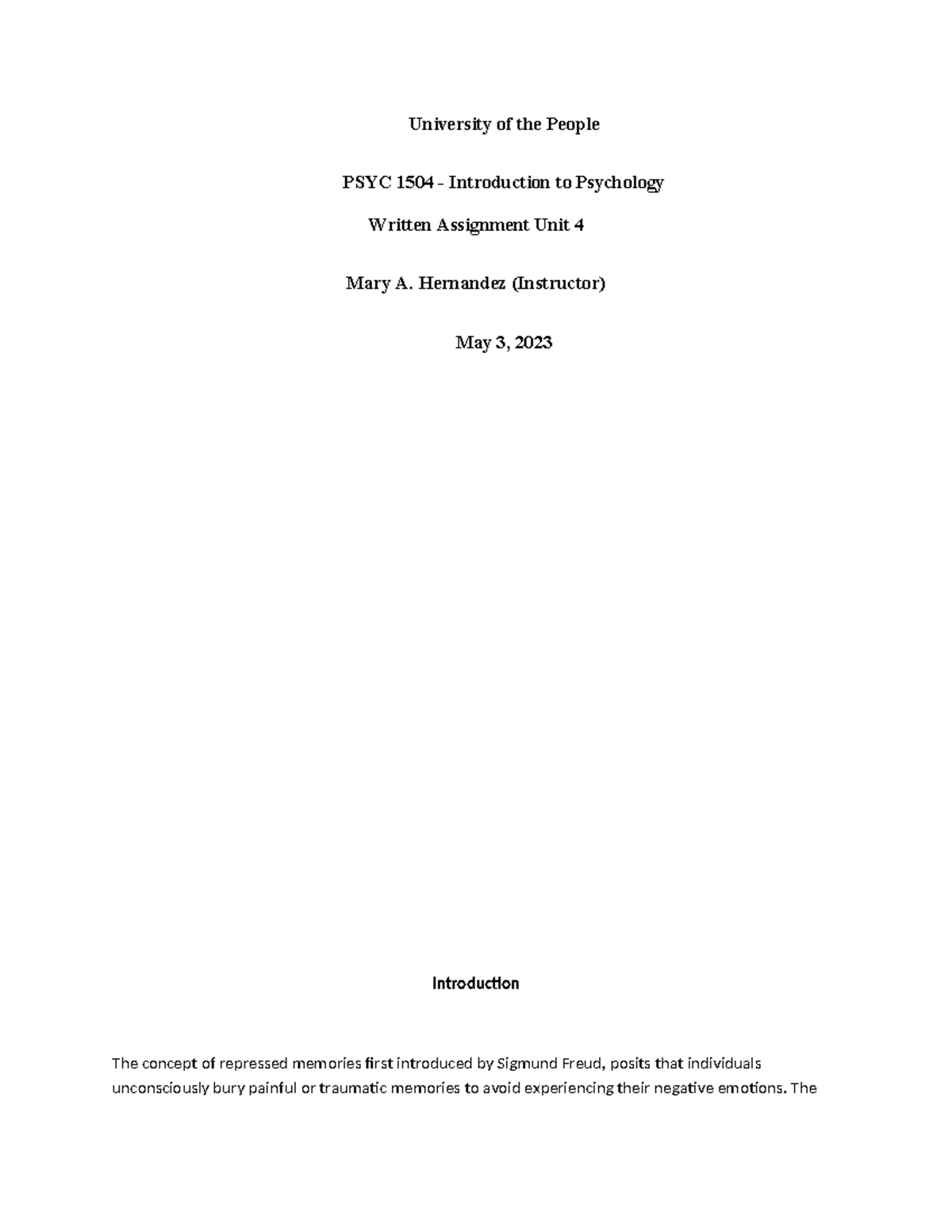 Written Assignment Unit 4 - University of the People PSYC 1504 - Introduction to Psychology ...