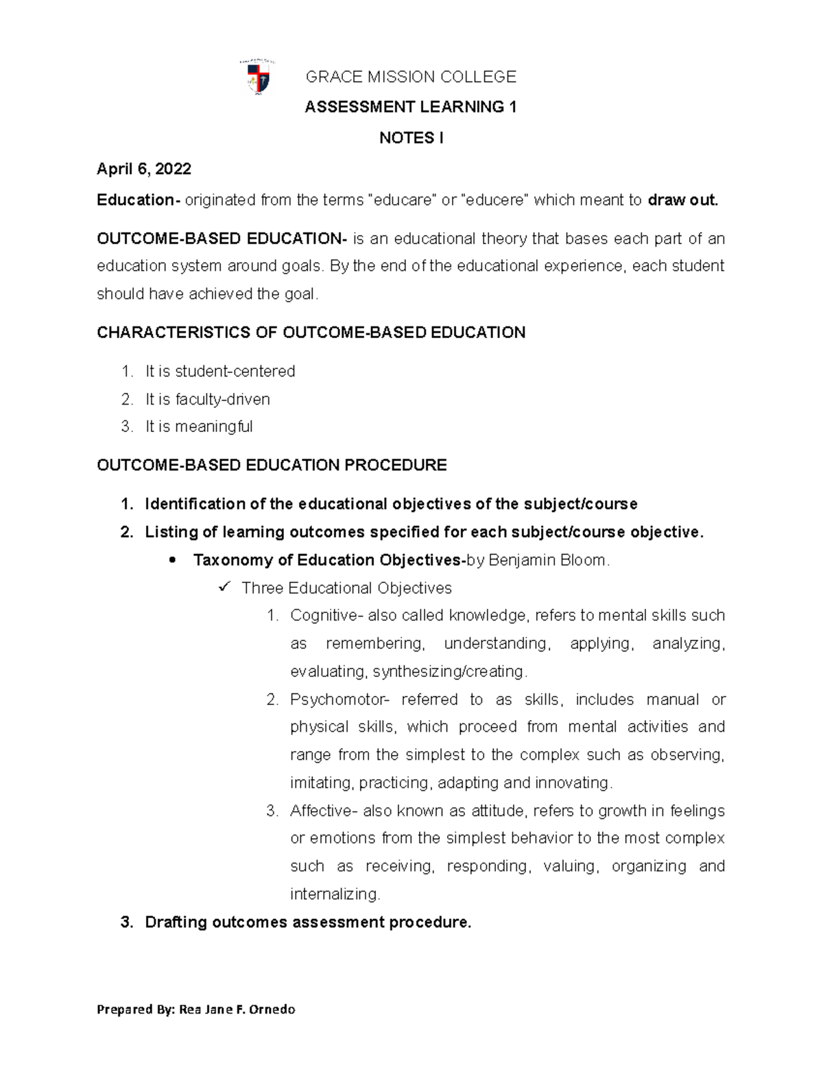 Assessment in Learning 1-Module 1 - GRACE MISSION COLLEGE ASSESSMENT ...