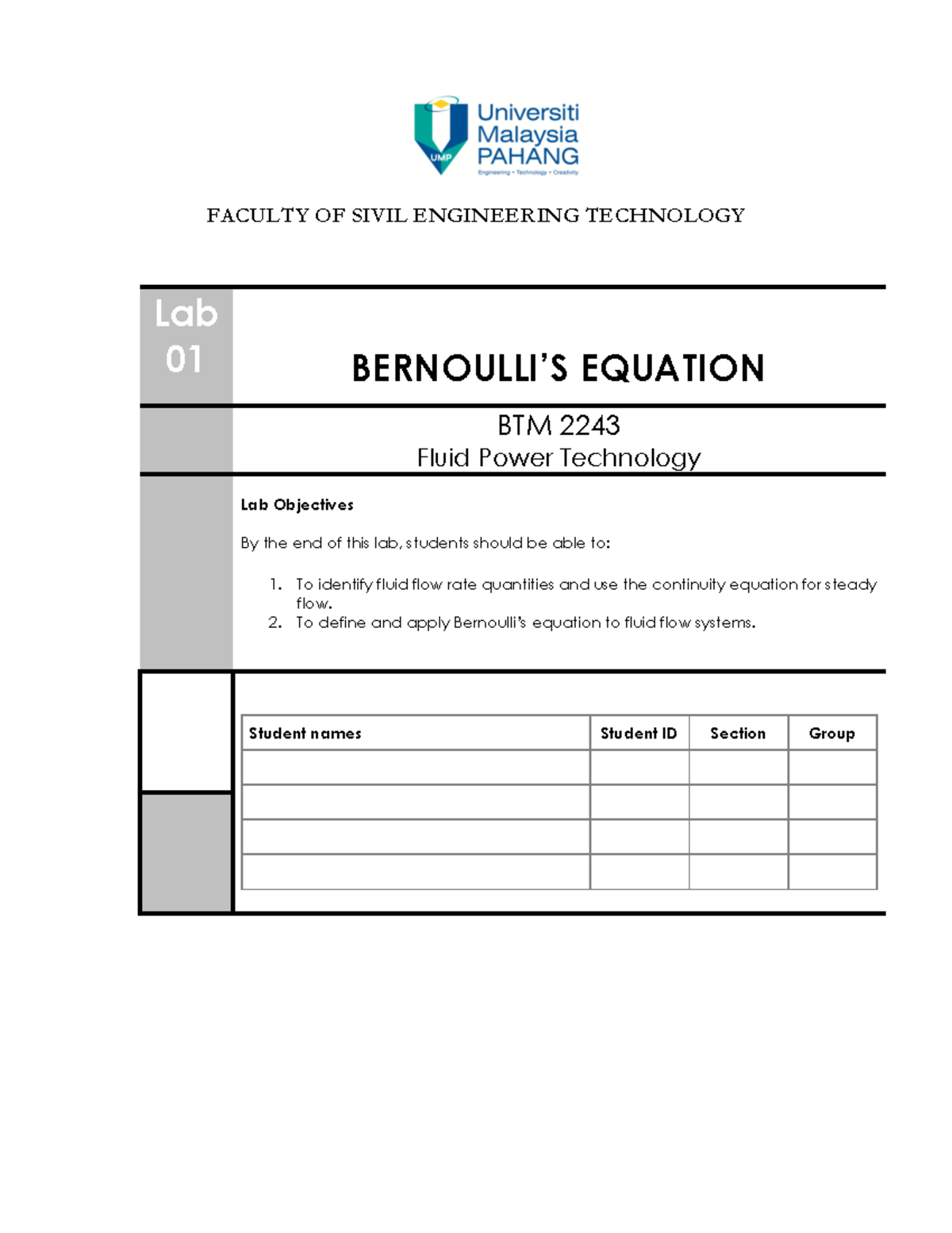 bernoulli equation full lab report - FACULTY OF SIVIL ENGINEERING ...