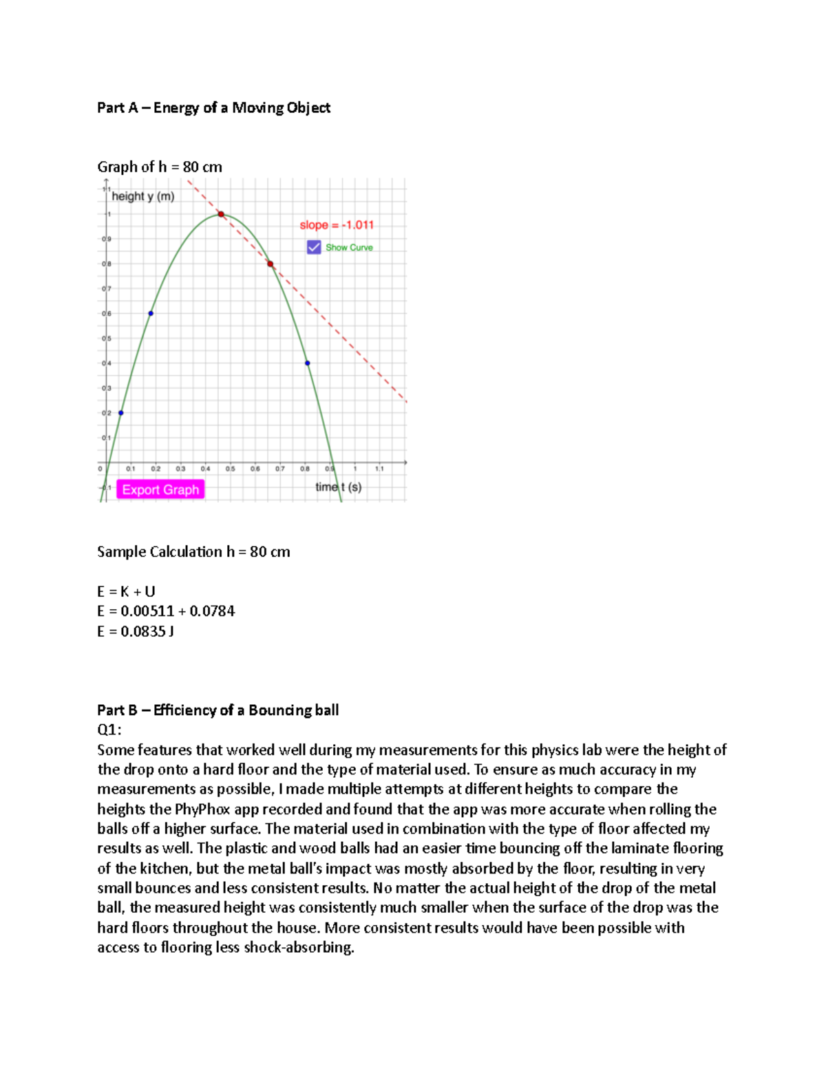 PHYS Lab 2 - Graph + answer for written question - Part A – Energy of a ...