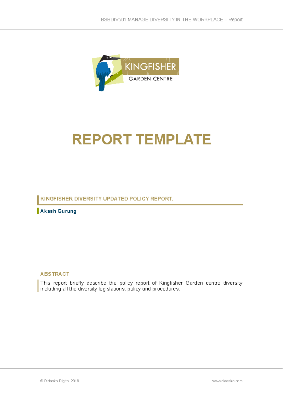Task 1 - assignment - REPORT TEMPLATE KINGFISHER DIVERSITY UPDATED ...