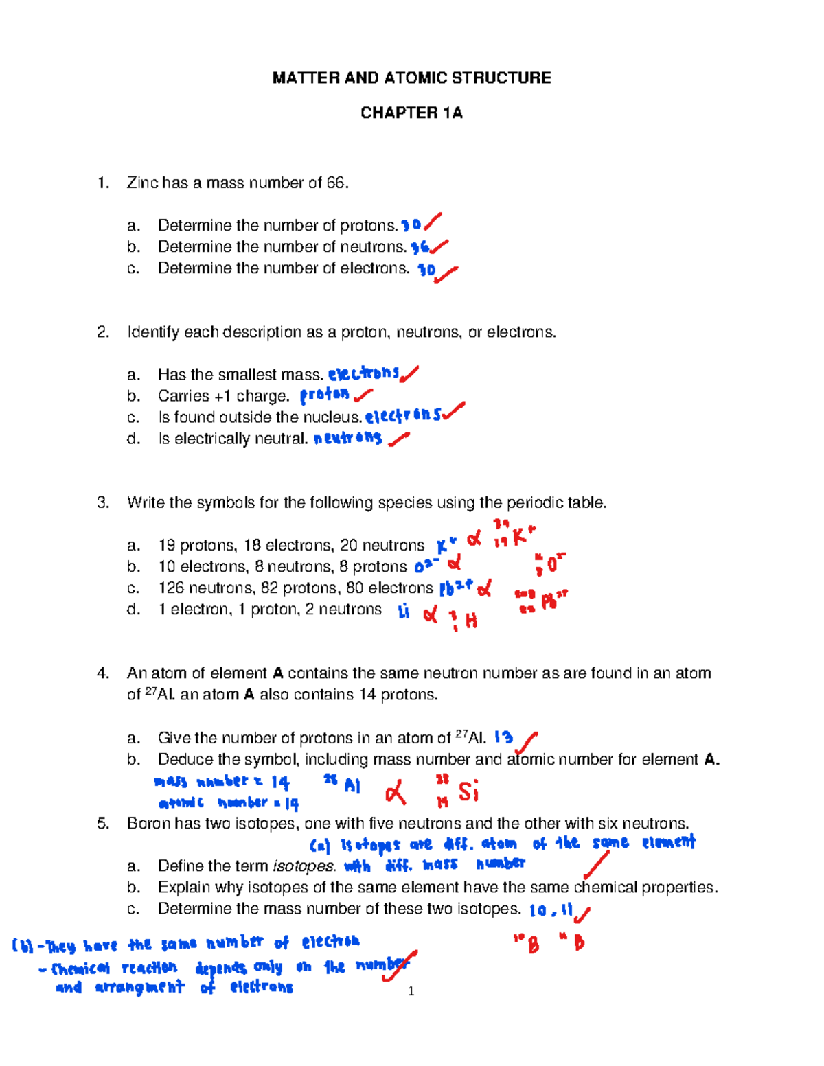 Tutorial Chapter 1A - MATTER AND ATOMIC STRUCTURE CHAPTER 1A 1. Zinc ...