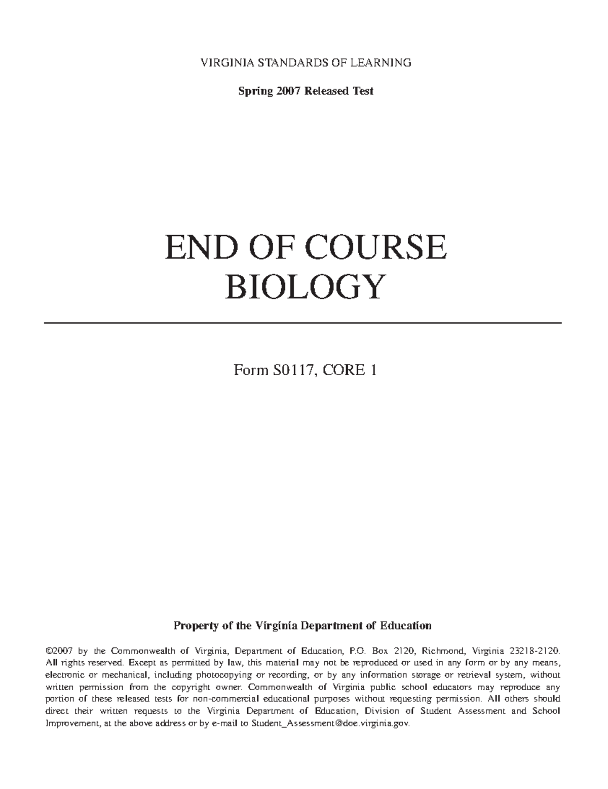 Biology SOL 2007 - I really love my school - VIRGINIA STANDARDS OF ...