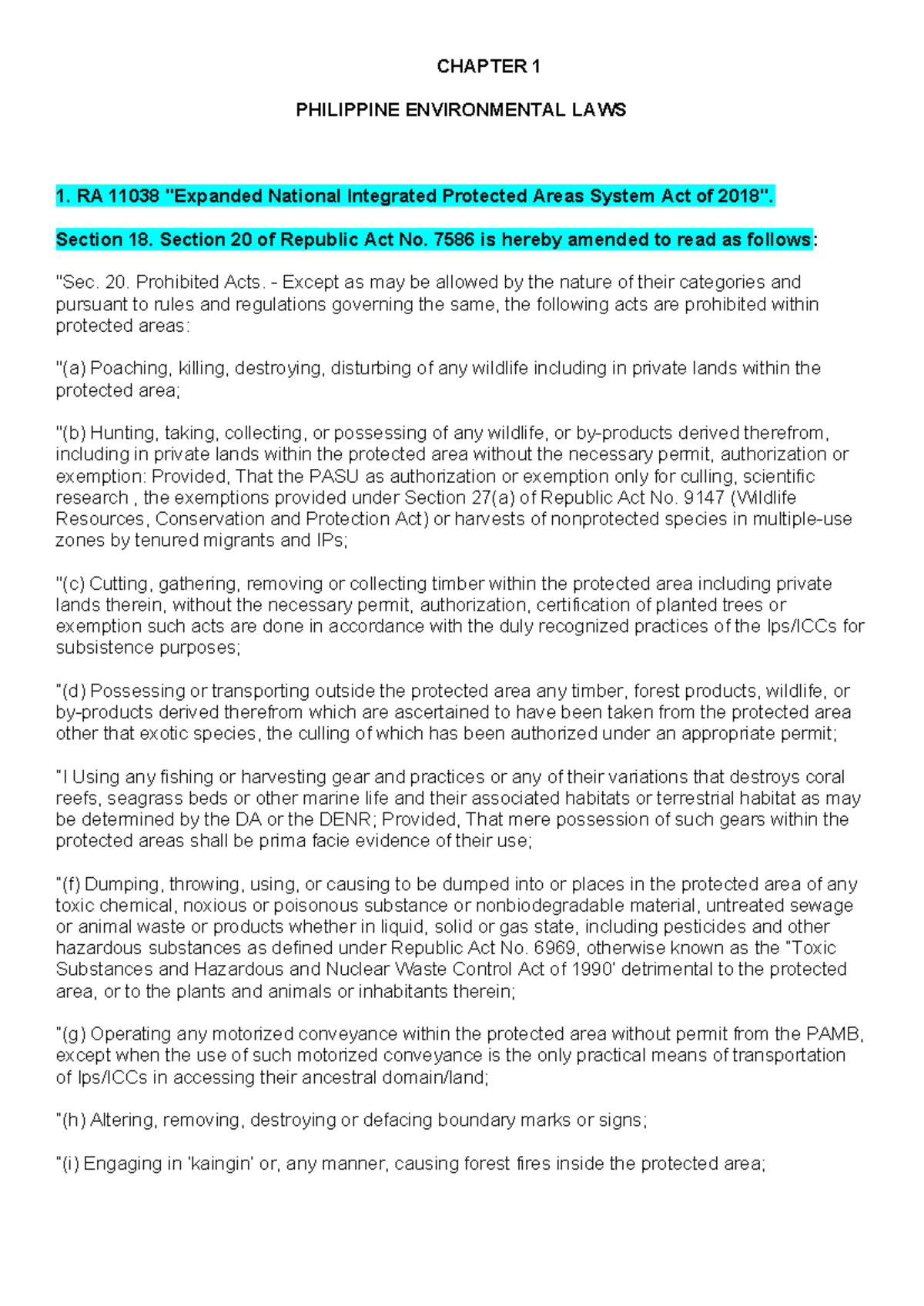 LAWS AND ITS Punishable ACTS - CHAPTER 1 PHILIPPINE ENVIRONMENTAL LAWS ...