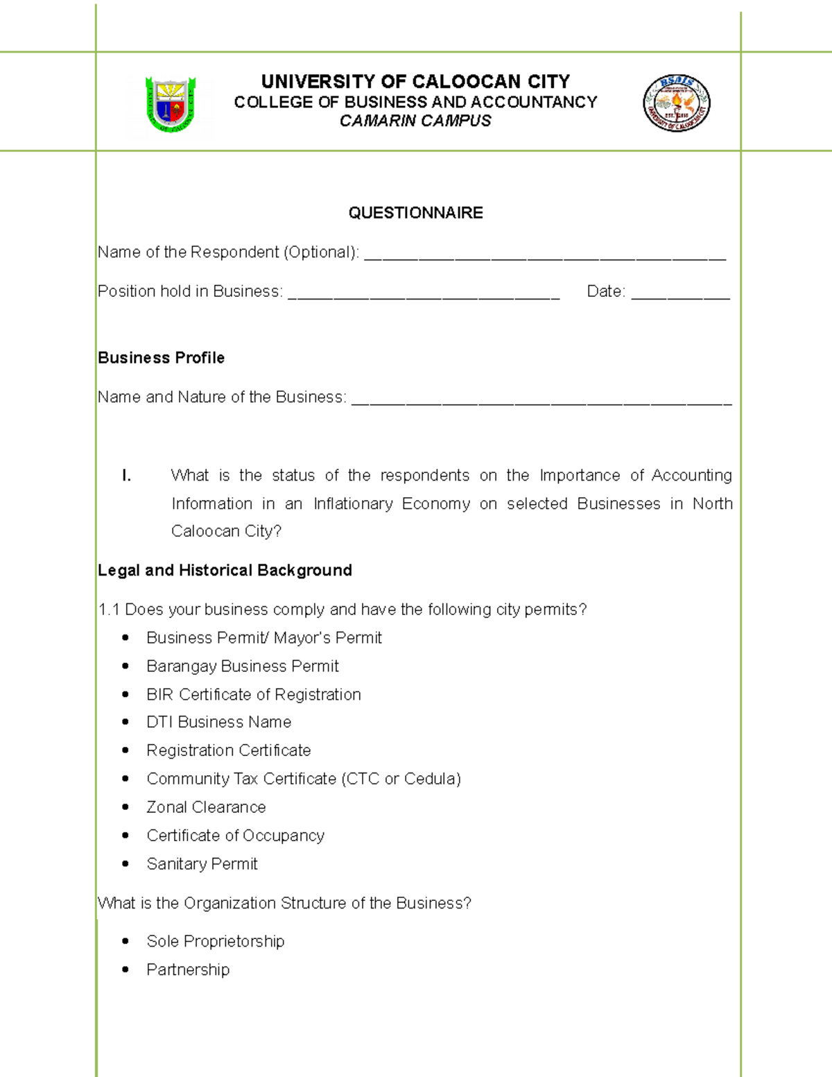 Questionnaire-1 - sxcfd - CAMARIN CAMPUS QUESTIONNAIRE Name of the ...
