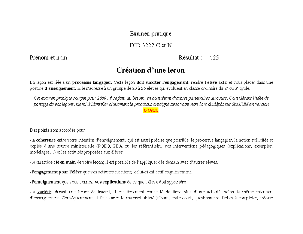 Planification-enseignement-inférence - Examen pratique DID 3222 C et N ...