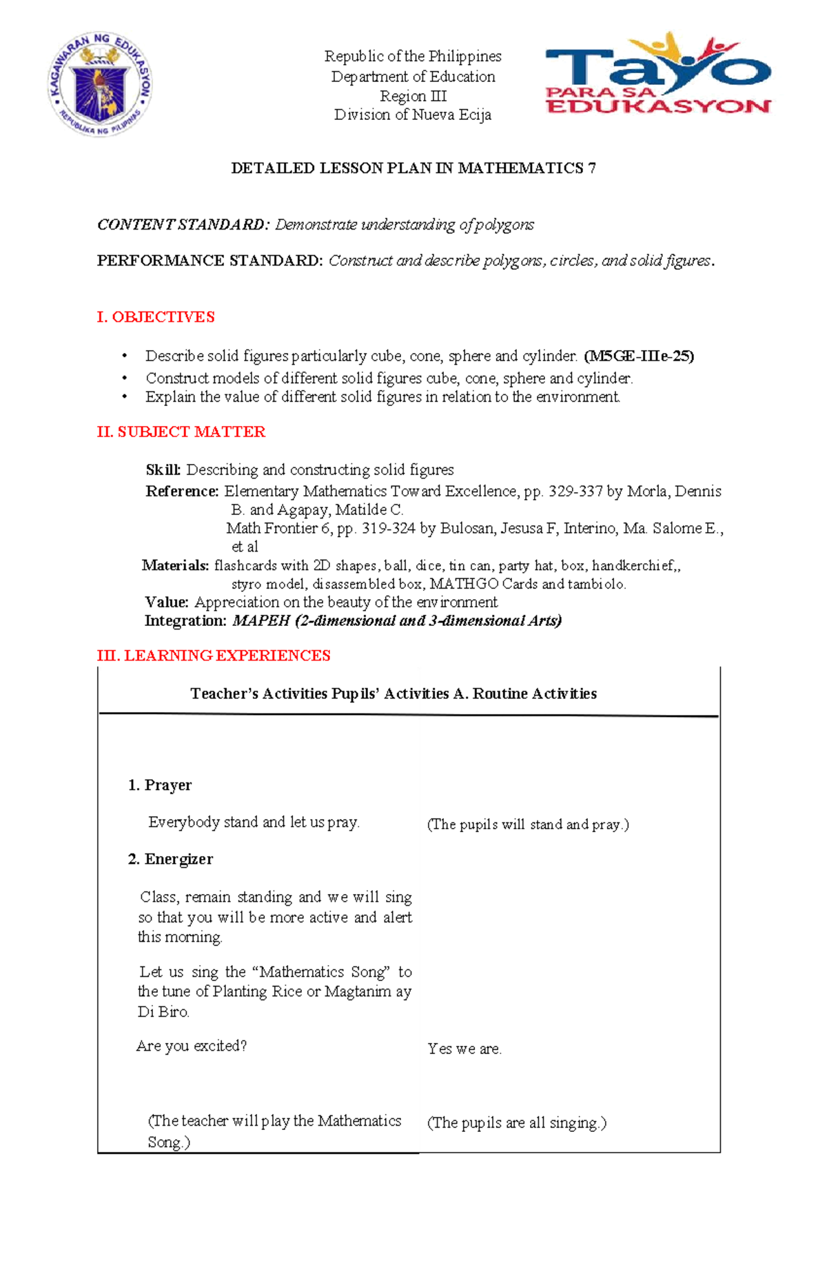 Detailed Lesson PLAN Solid Figure - Republic of the Philippines ...