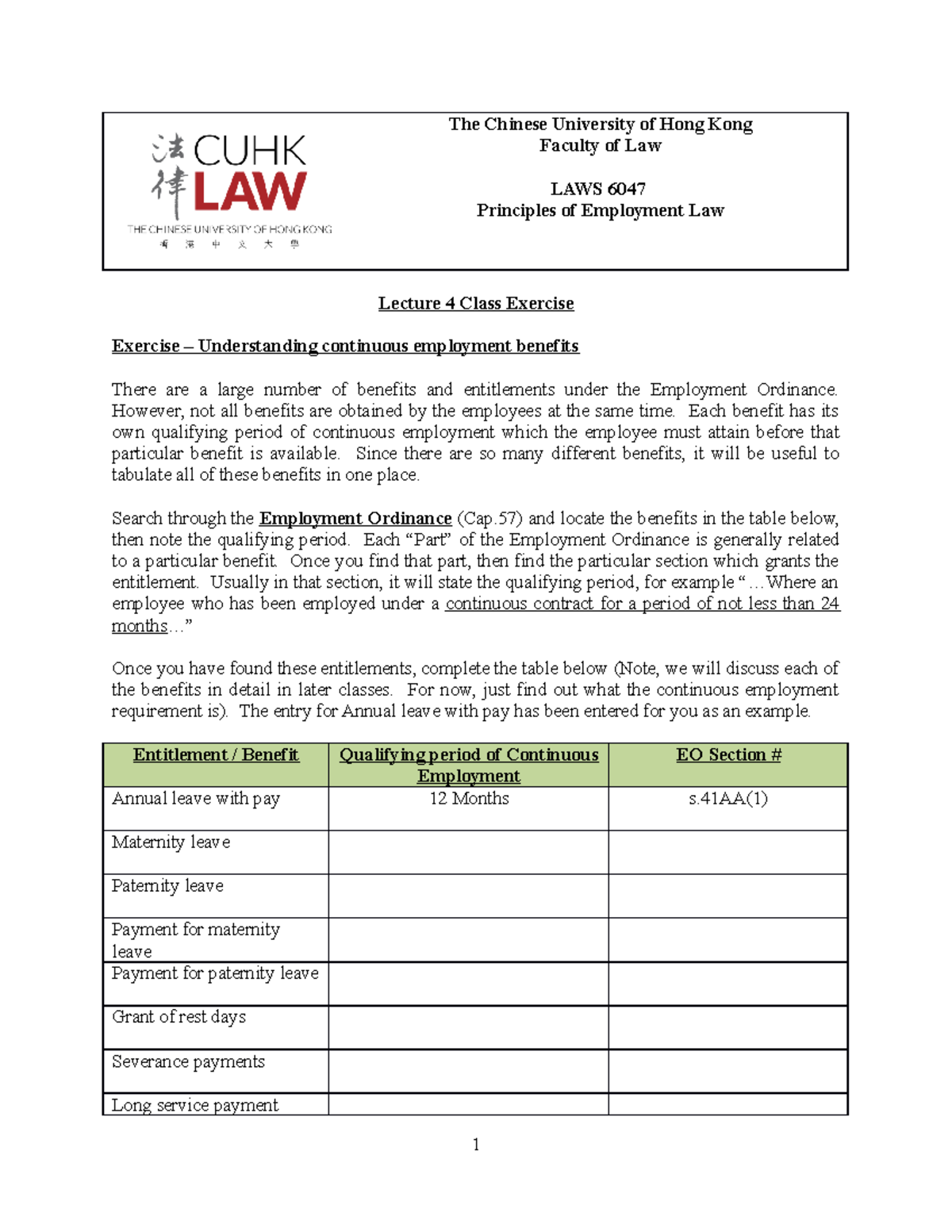 Lecture 4 - Class exercise - The Chinese University of Hong Kong Faculty of Law LAWS 6047 ...