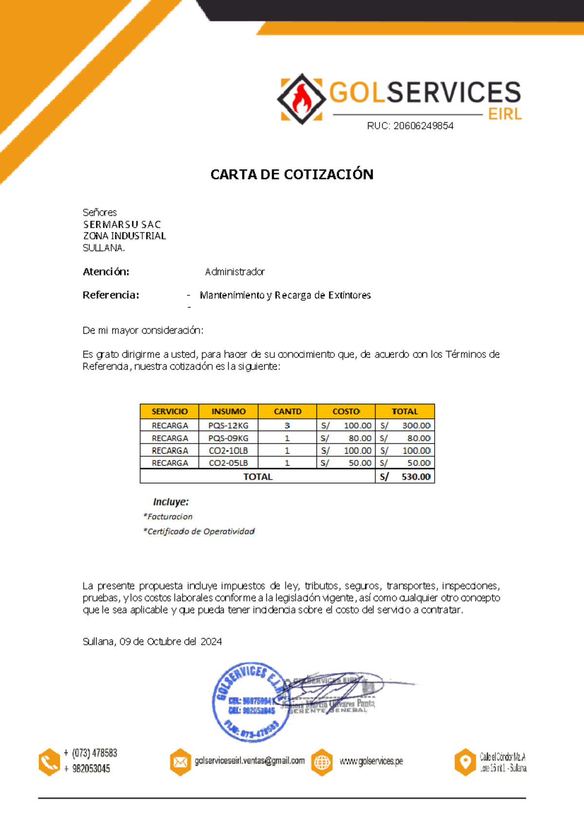 Cotizacion Sermarsu octubre - CARTA DE COTIZACIÓN La presente propuesta ...