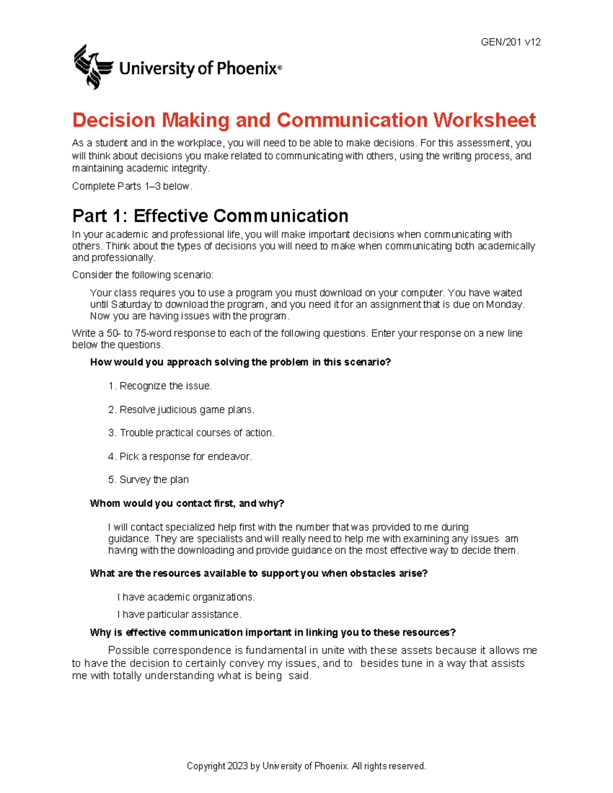 Gen201 v12 wk3 decision making and communication worksheet - GEN/201 v ...