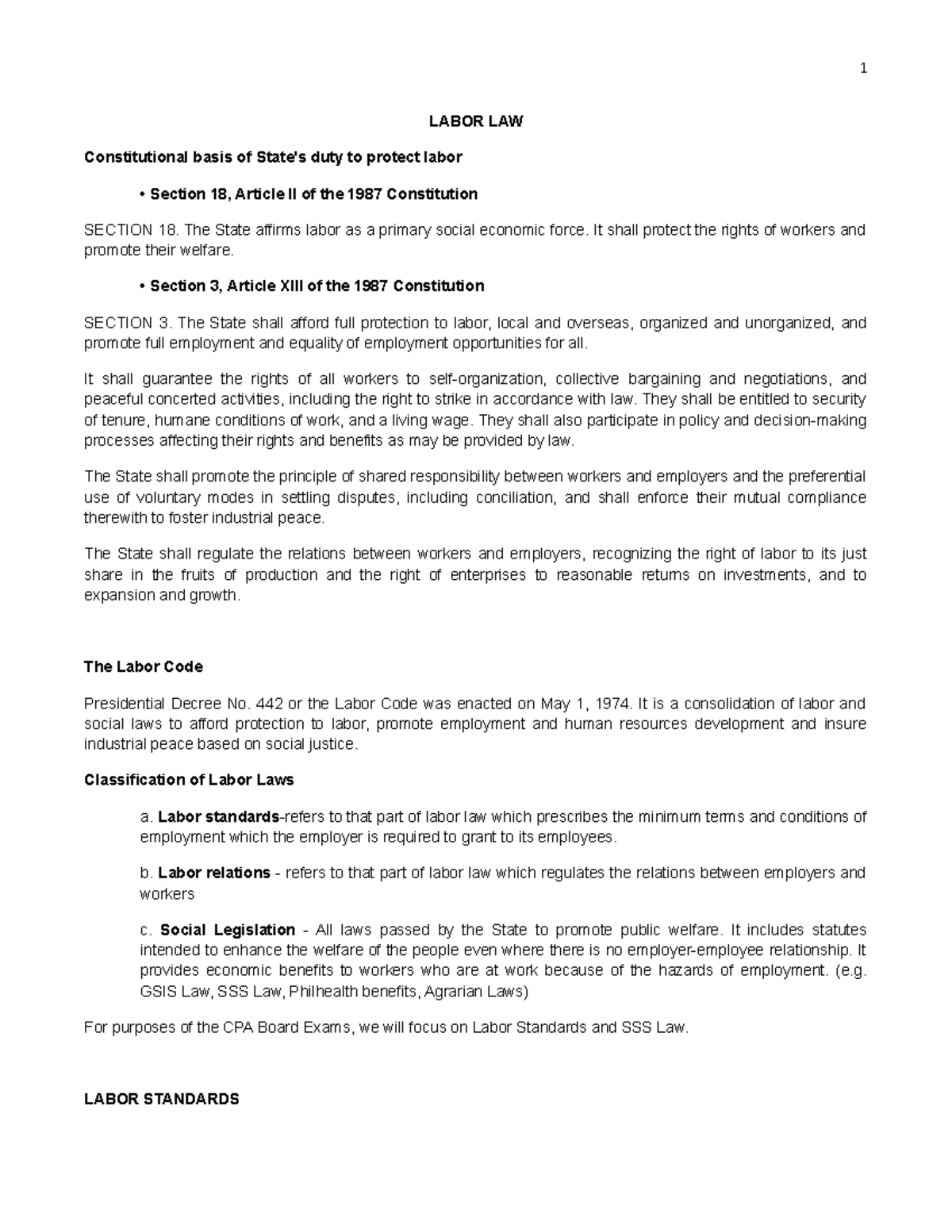 Labor-LAW - LABOW LAW STANDARDS - LABOR LAW Constitutional basis of ...