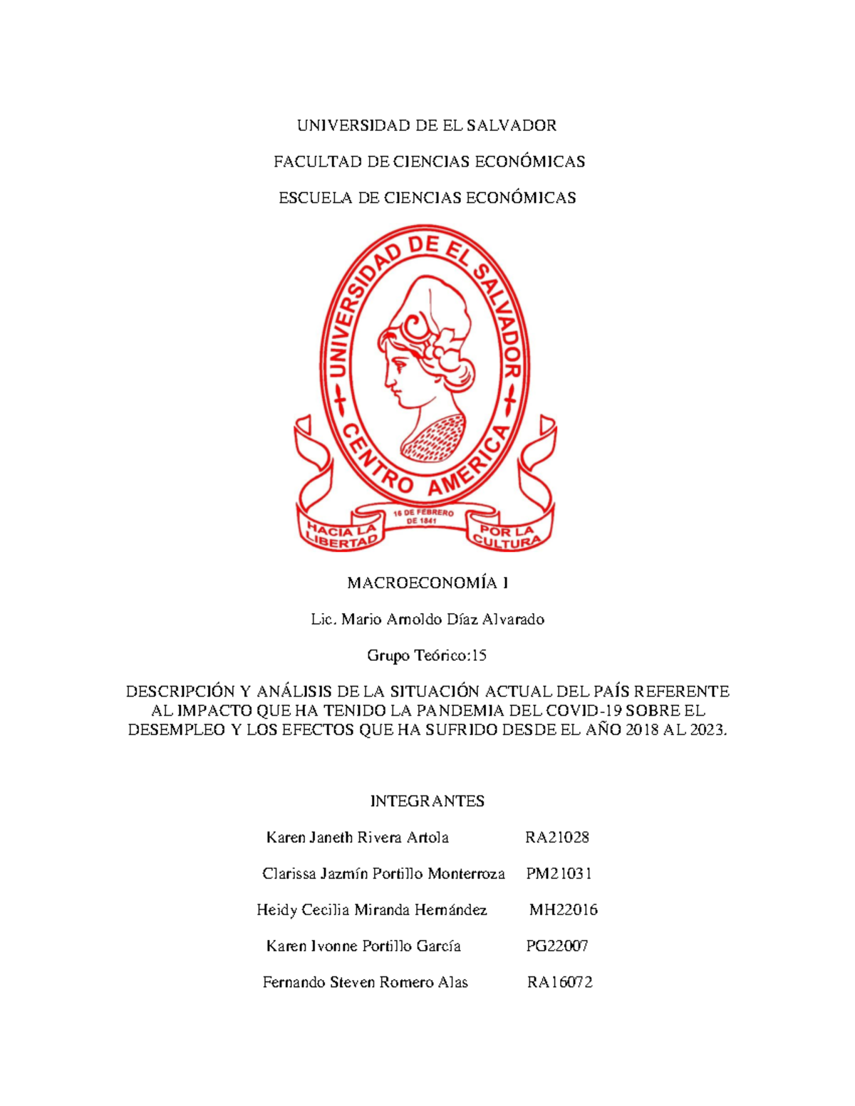 Tarea Exaula - UNIVERSIDAD DE EL SALVADOR FACULTAD DE CIENCIAS ...