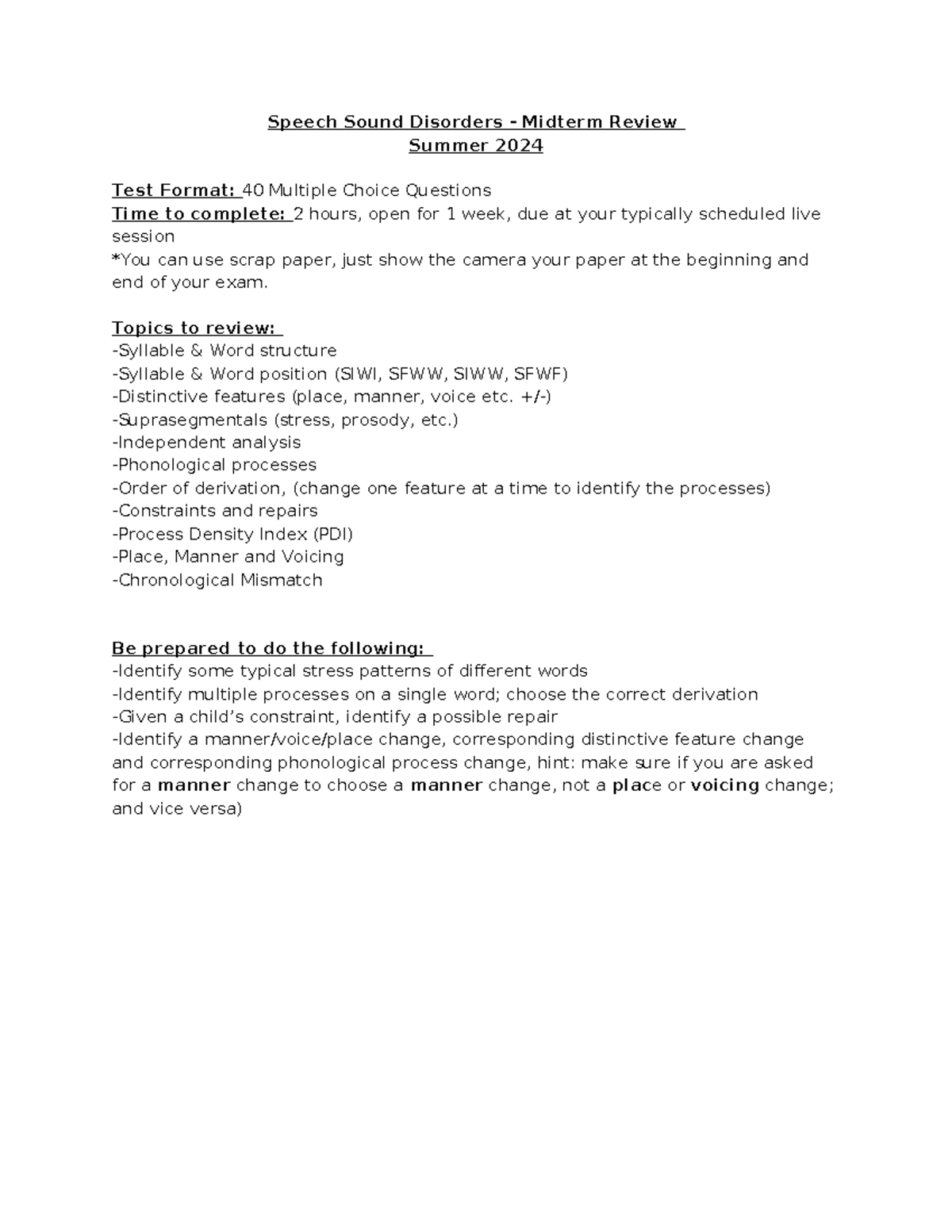 SSD Speech@NYU Midterm review sheet S2024 - Speech Sound Disorders ...