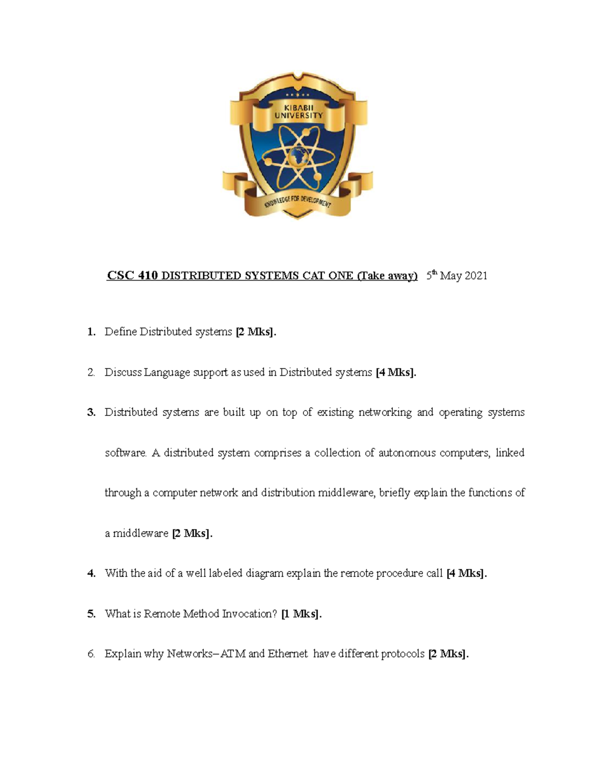 CSC 410 Distributed Systems CAT ONE - CSC 410 DISTRIBUTED SYSTEMS CAT ...