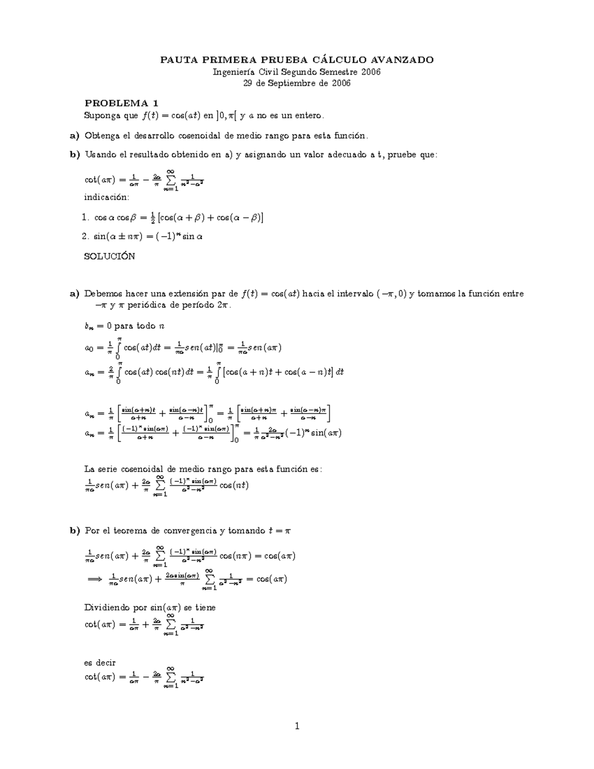 Examen 2013, preguntas y respuestas - PAUTA PRIMERA PRUEBA C¡LCULO AVANZADO IngenierÌa Civil ...