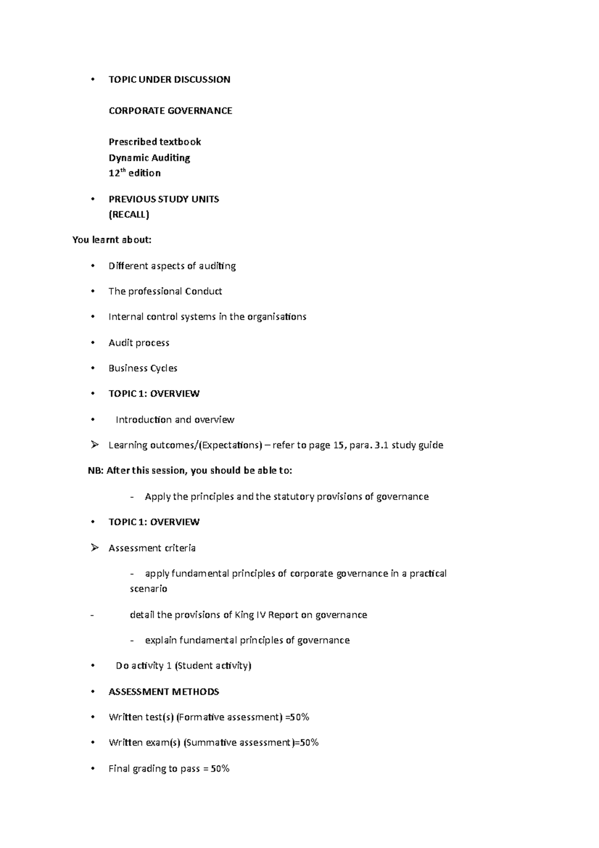 Auditing Lecture Notes 1 Topic Under Discussion Corporate