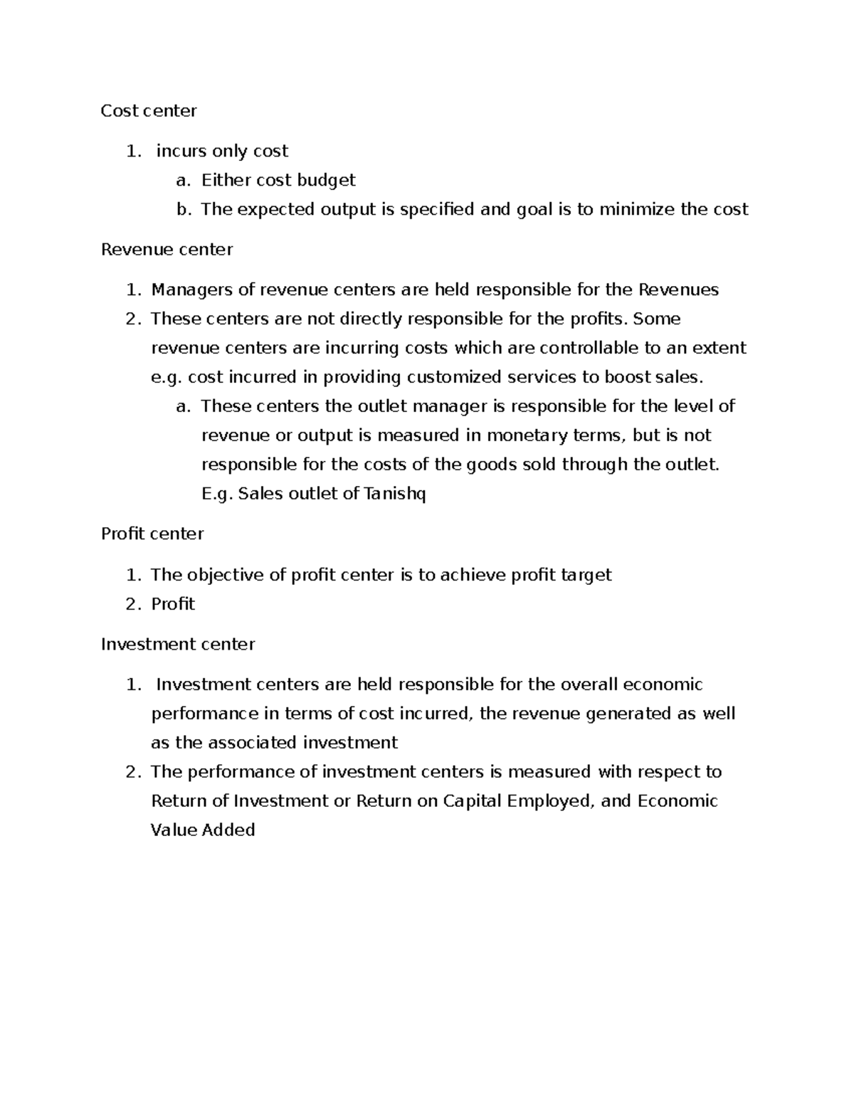 Cost center - Summarizes all business management and gives clear ...