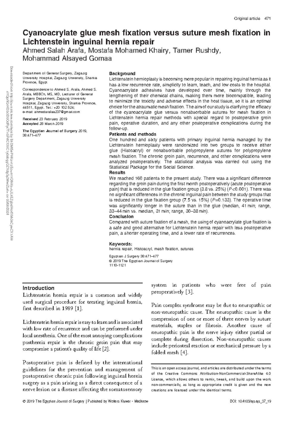 Cyanoacrylate glue mesh fixation versus suture - Arafa, Ahmed S. Arafa, MBBCh, MS, MD, Lecturer ...