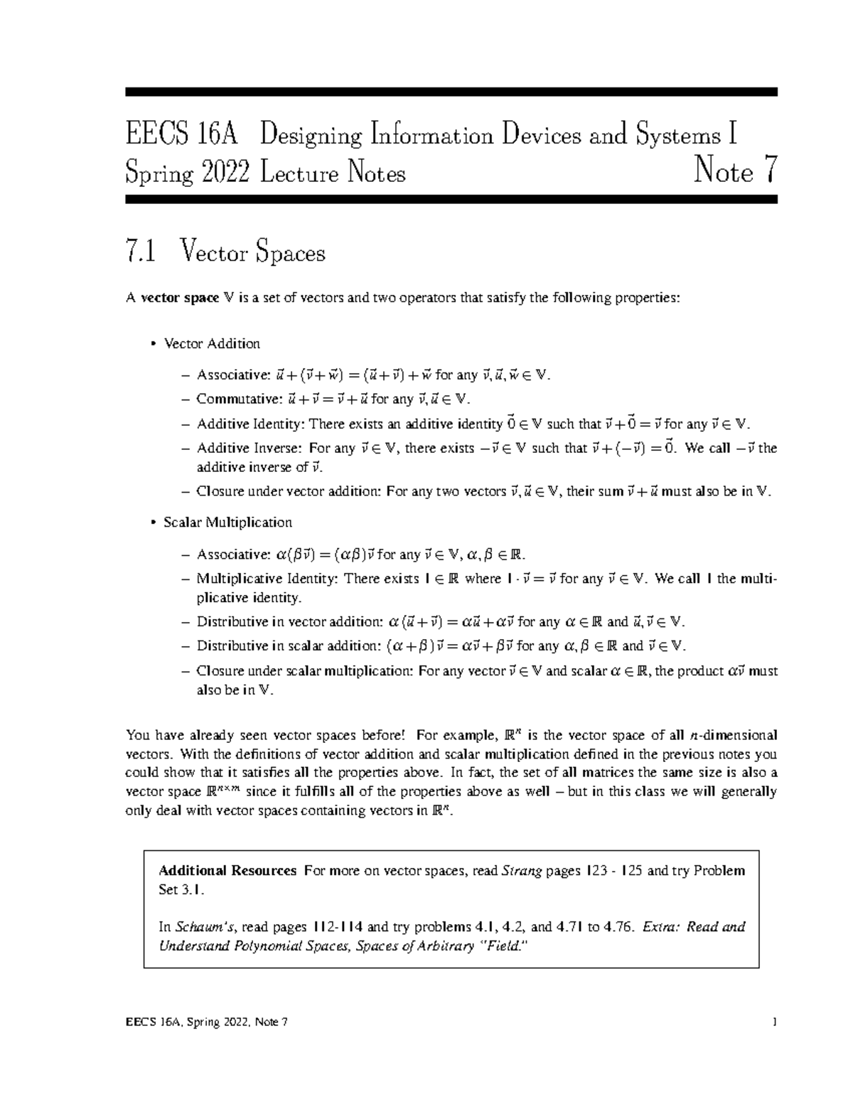 16ANote 7 - Note 7 - EECS 16A Designing Information Devices and Systems I Spring 2022 Lecture ...
